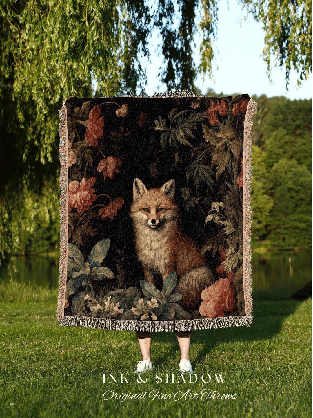 Botanical Fox Tapestry Woven | Woodland Folk Art Blanket Woven Tapestry ...
