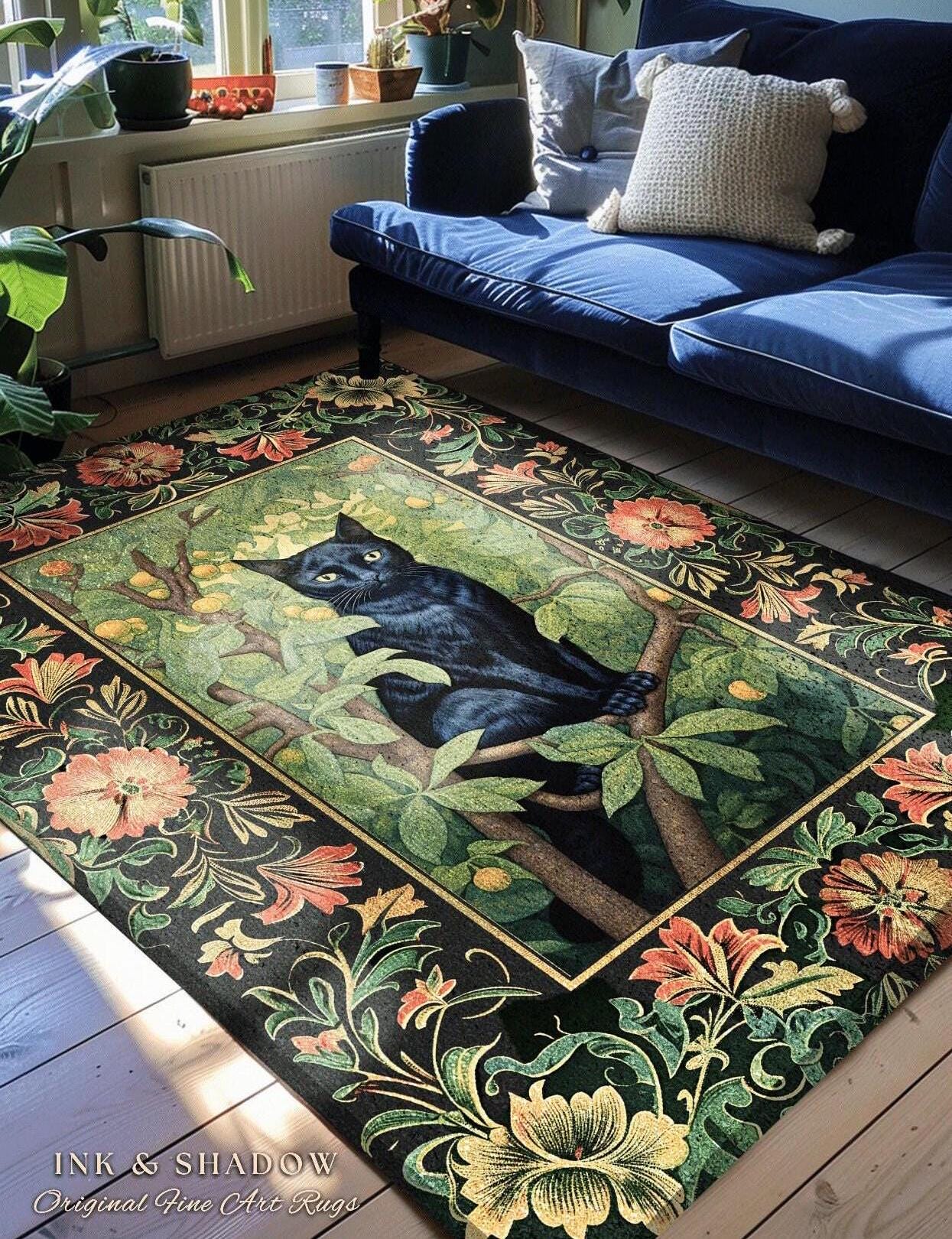 Black Cat Botanical Rug | Dark Floral Bedroom Decor William Morris ...