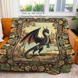 Dark Maximalist Dragon Throw Blanket Woven | Victorian Floral Woodland ...