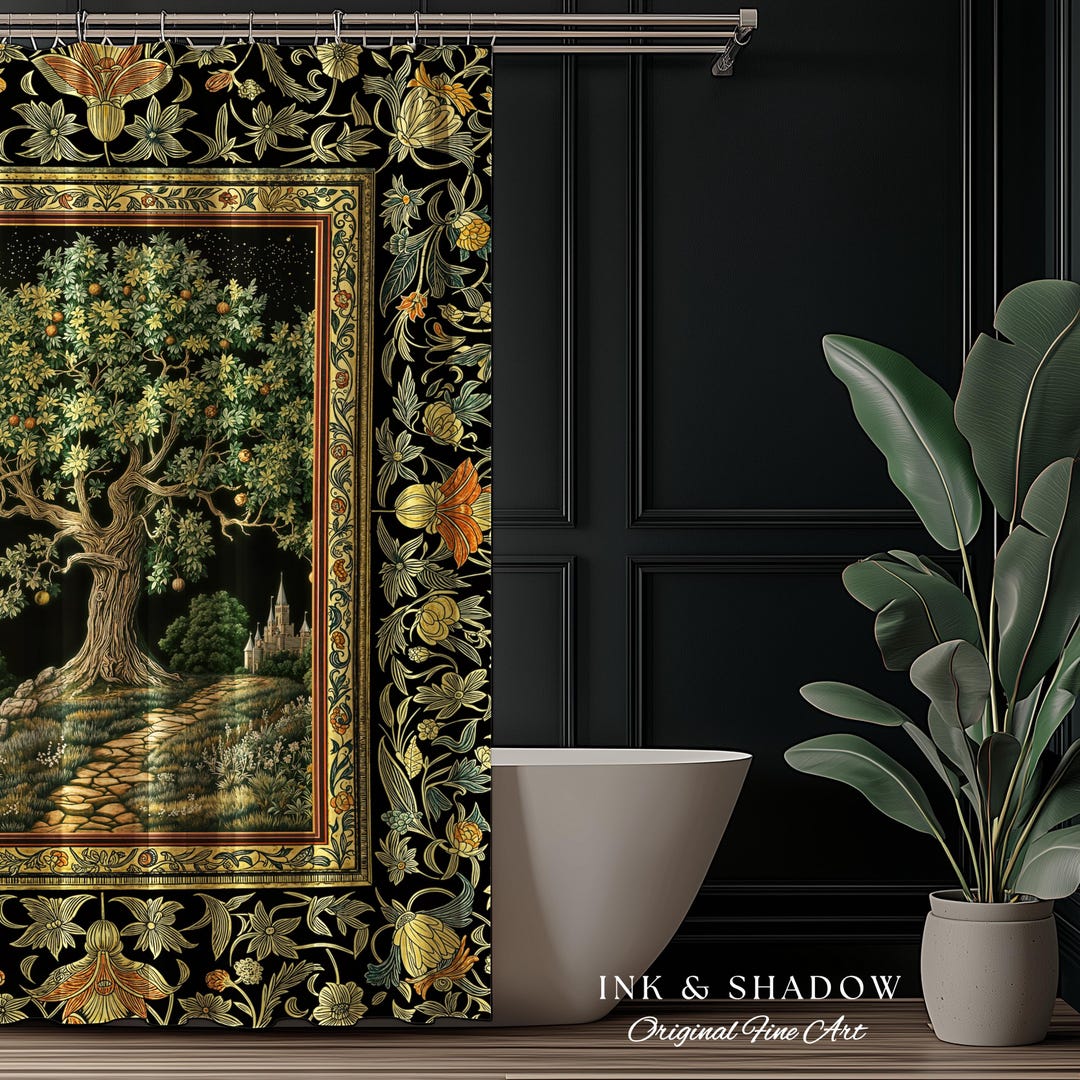 Emerald Aesthetic Folklore Shower Curtain | Celestial Tree of Life ...
