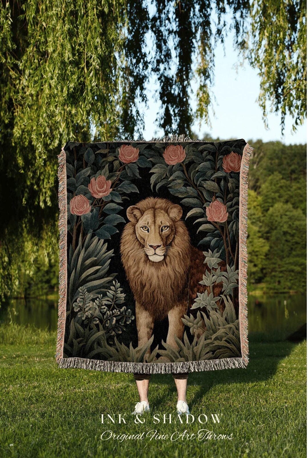 Vintage Gothic Lion Tapestry | Botanical Folk Art Blanket Woven ...