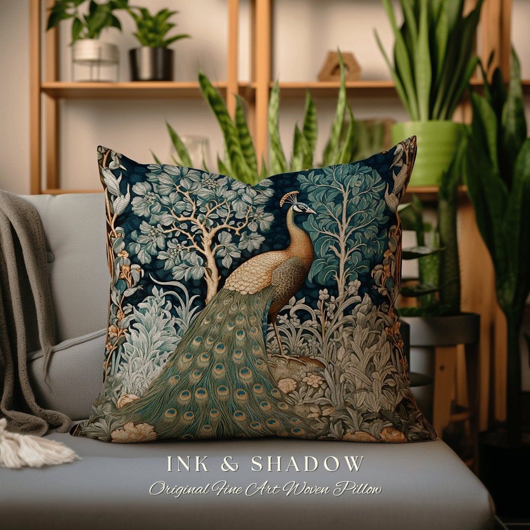 Ornate Peacock Throw Pillow | Woodland Botanical Cushion Woven Decor ...