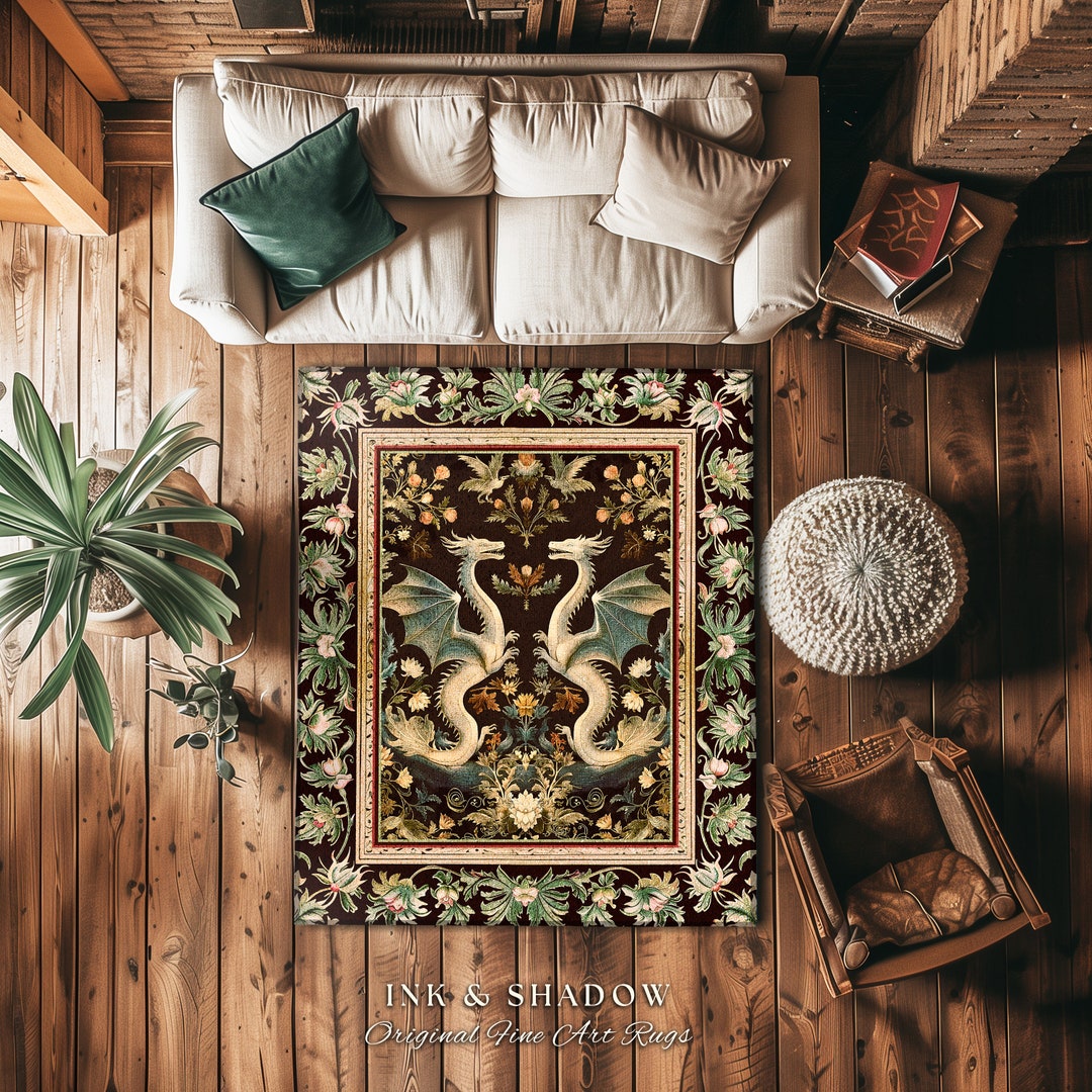 Regal Medieval Victorian Gothic Dragon Rug Ornate Floral Baroque Whimsy ...
