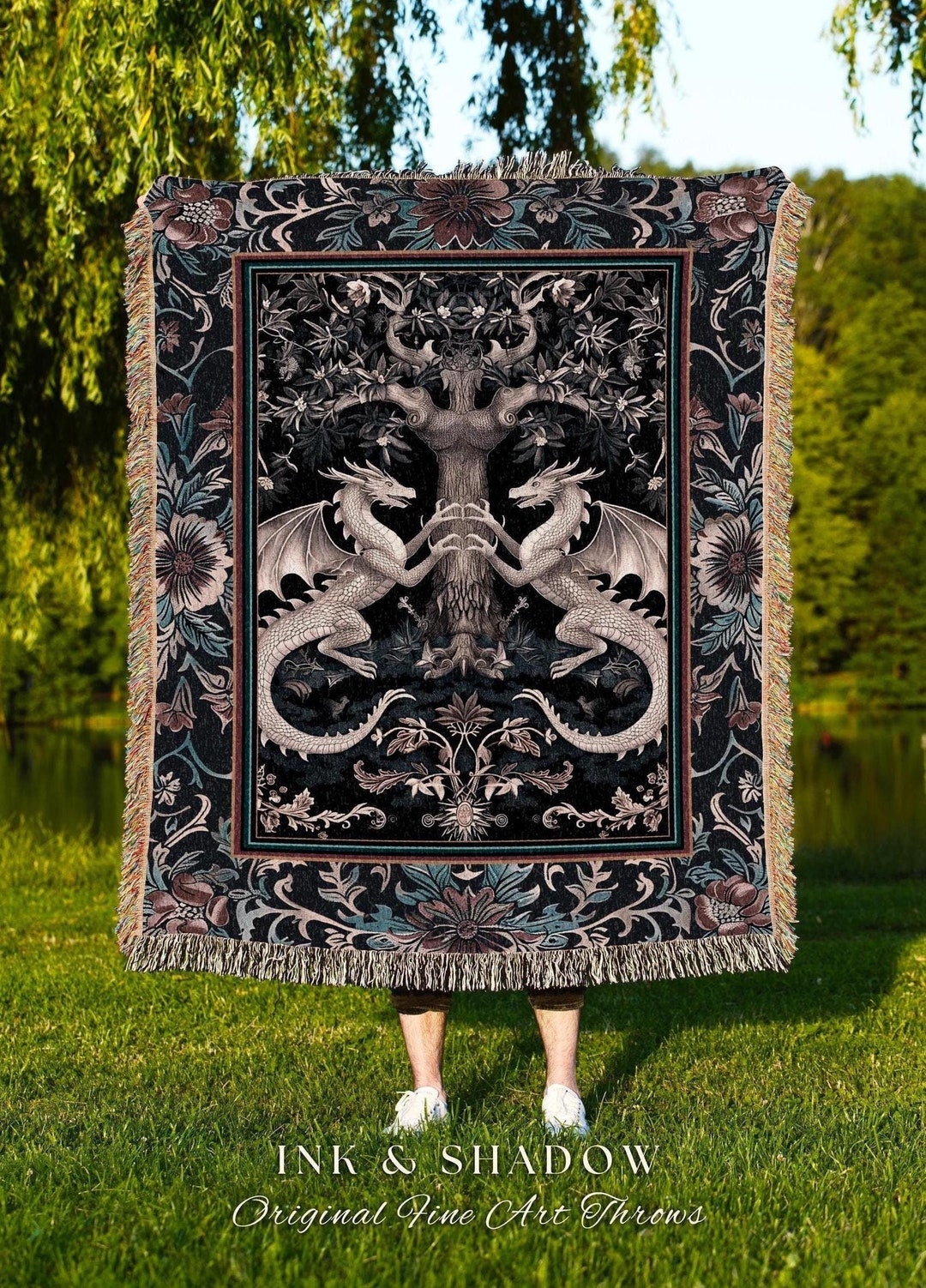Medieval Cottagecore Woven Tapestry | Fairytale Dragon Dark Botanical ...