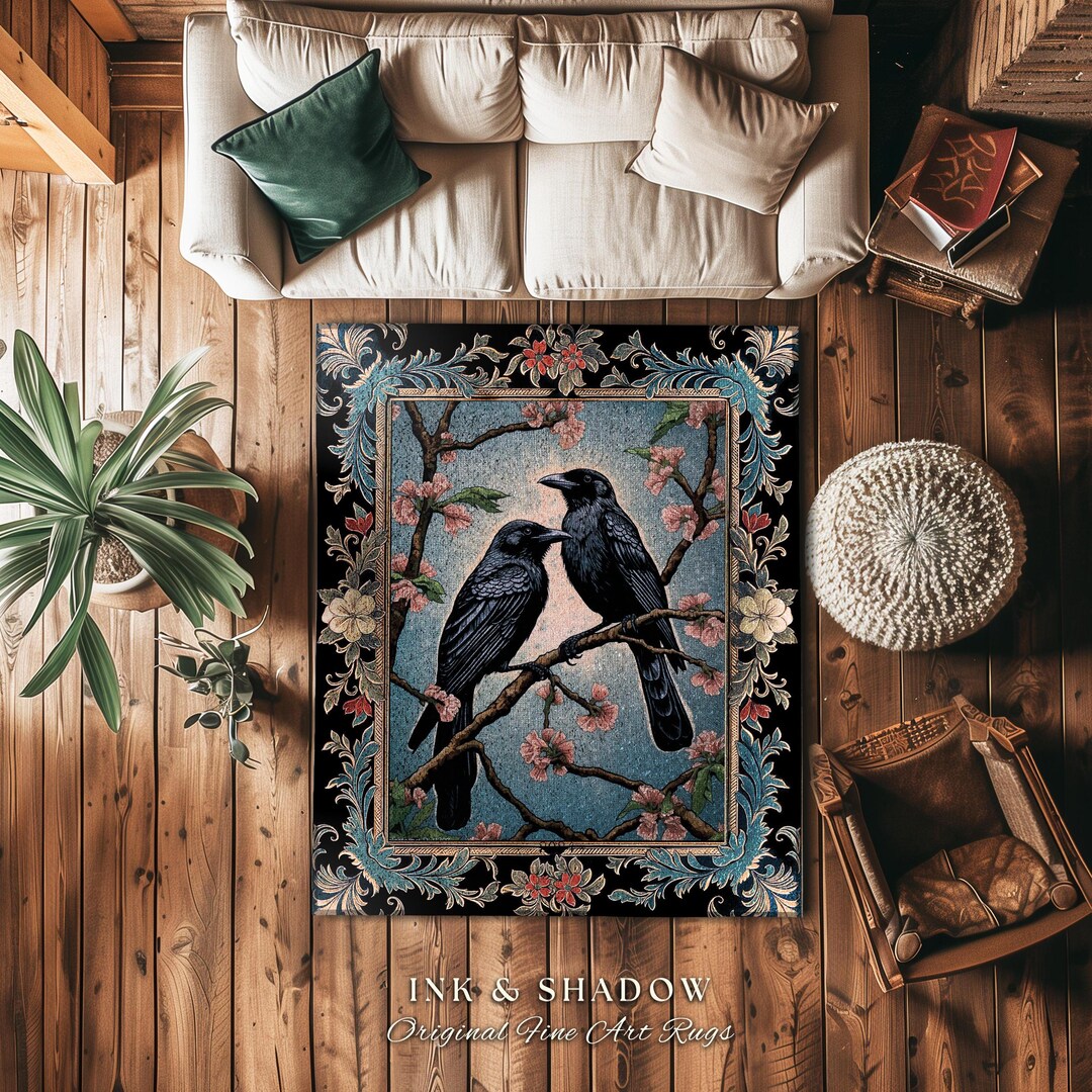 Dark Cottagecore Bird Home Decor Whimsical Woodland Gothic Raven Rug ...