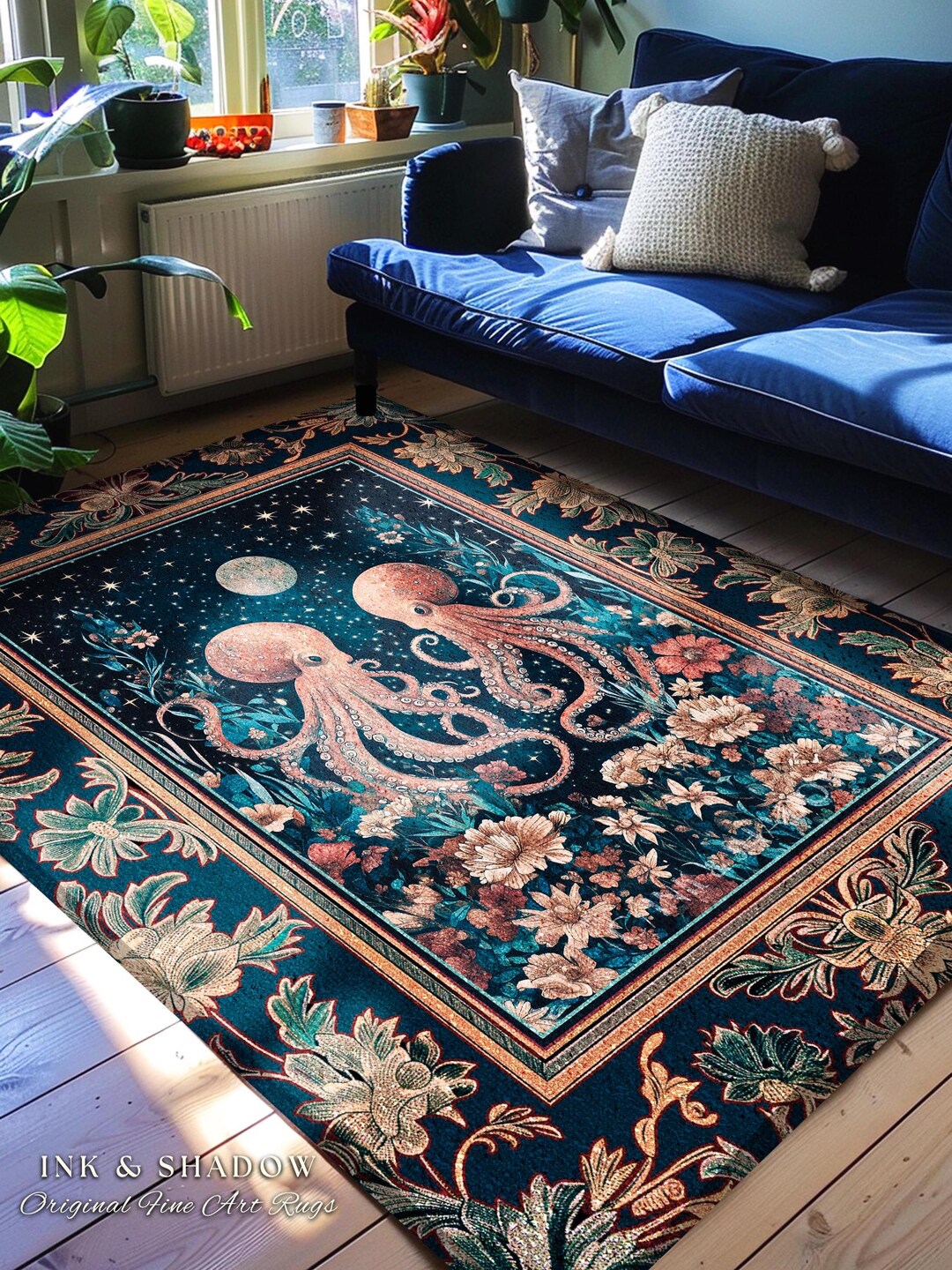 Ethereal Oddities Octopus Area Rug | Moonlit Nautical Woven Blanket ...