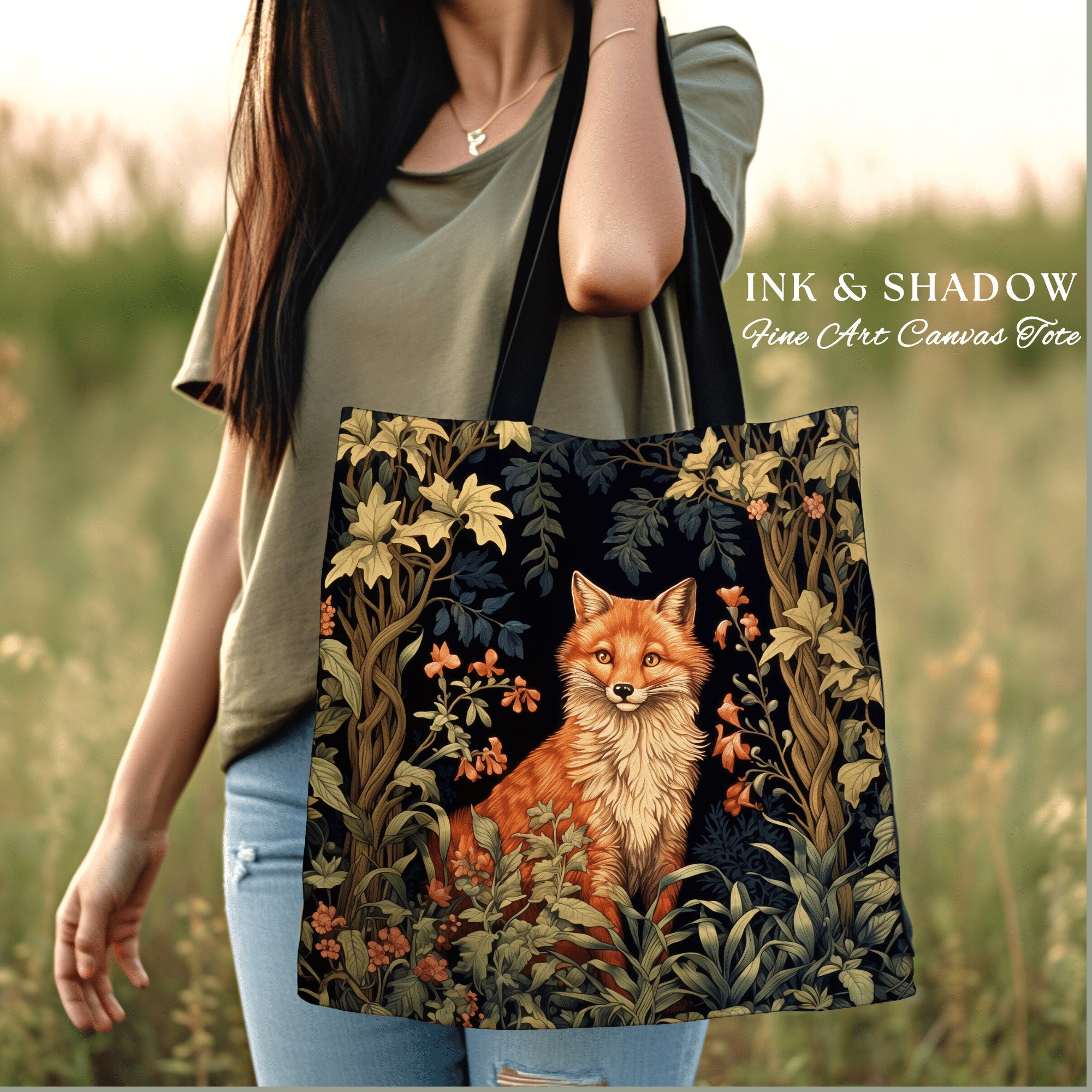 Boho Botanical Fox Tapestry Tote | Dark Cottagecore William Morris ...