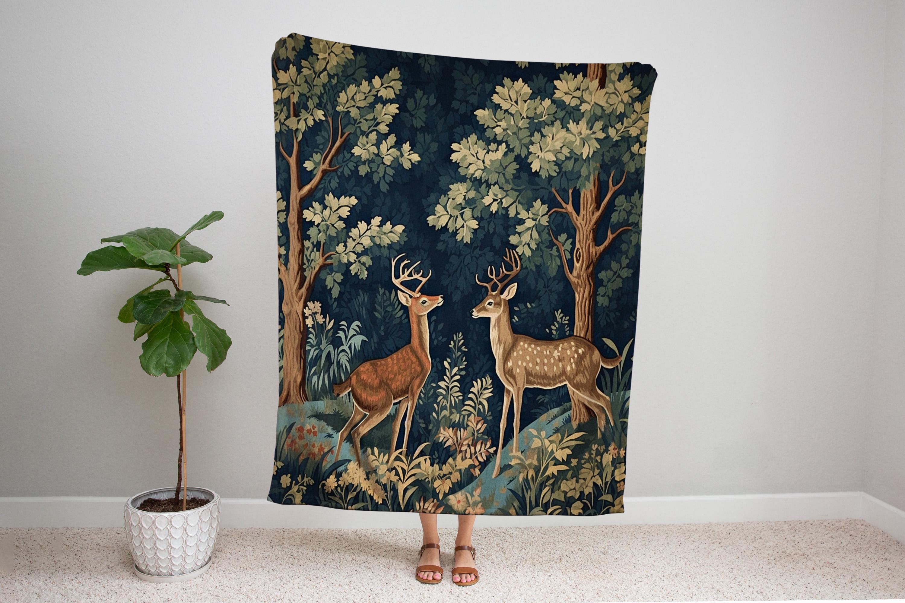 Woven Deer Folk Art Tapestry Blanket Woodland Cottagecore Throw William ...