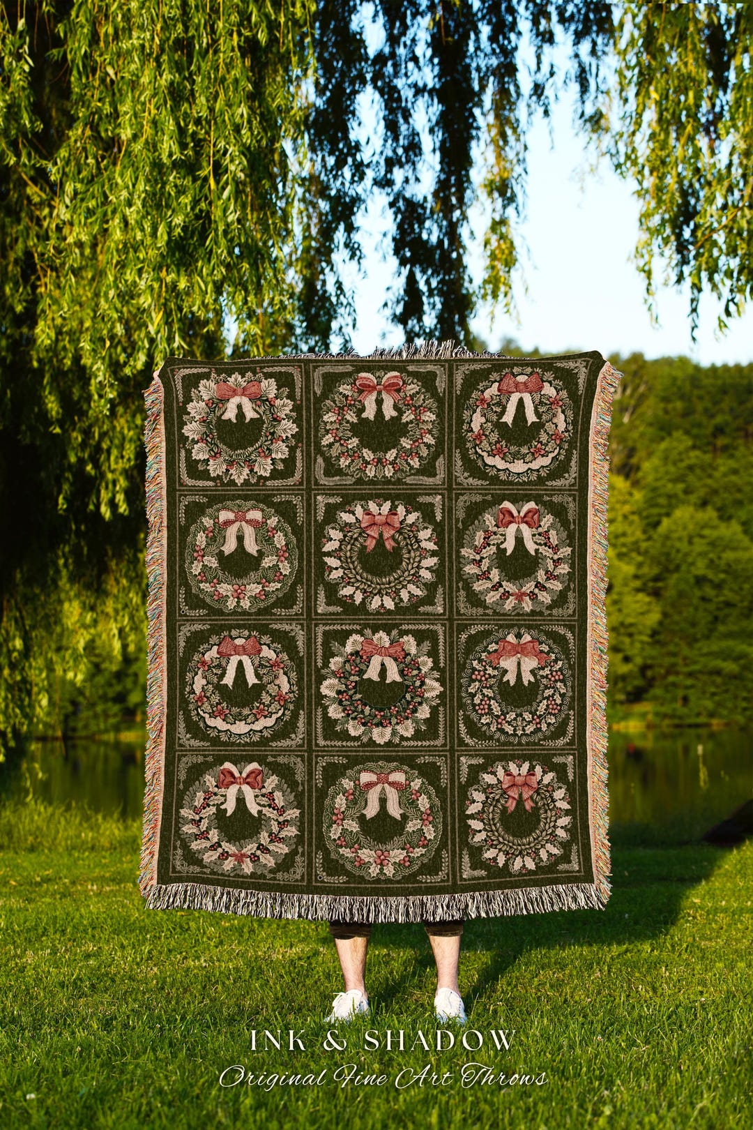 Scandi Sage Green & Cream Norfolk Wreath Tapestry Throw Cozy Vintage ...