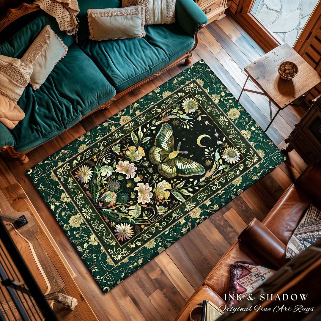 Dark Green Cottagecore Moth Rug Ethereal Botanical Fairycore Decor ...