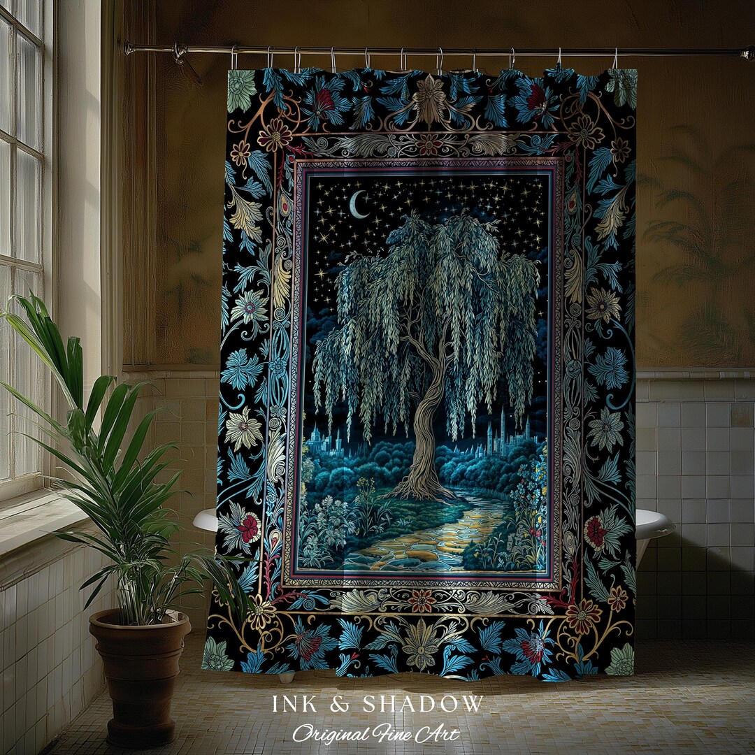 Starry Night Weeping Willow Tree Shower Curtain | Woodland Folklore ...