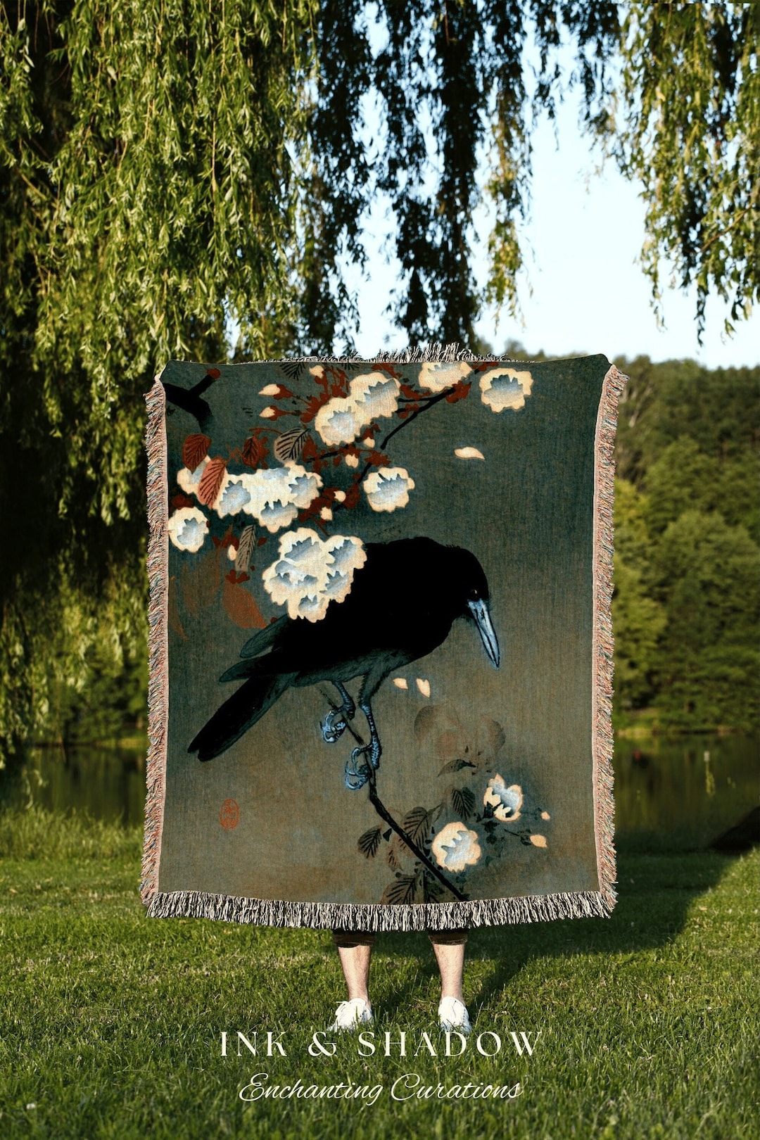 Dark Cottagecore Crow & Blossom Painting | Woven Wall Hanging Vintage ...