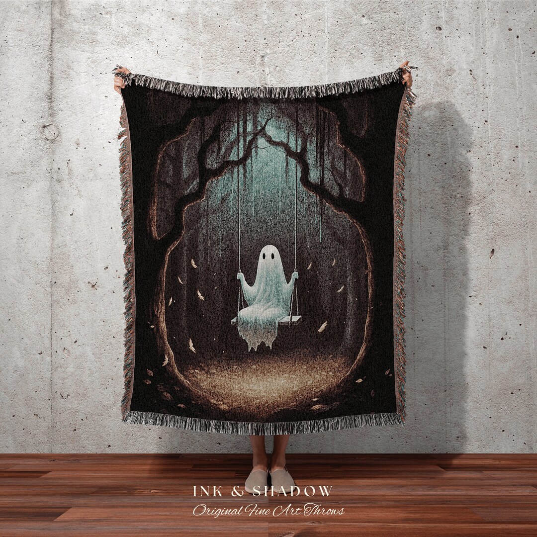 Cute Ghost on a Swing Tapestry Fall Aesthetic Vintage Ghost Art Woven ...