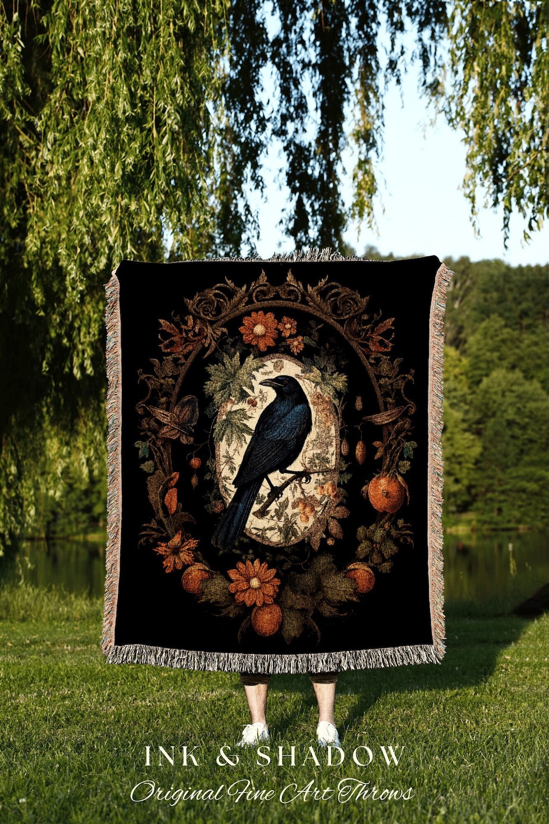Crowcore Room Decor Gothic Crow Tapestry Vintage Blanket Woven | Black ...