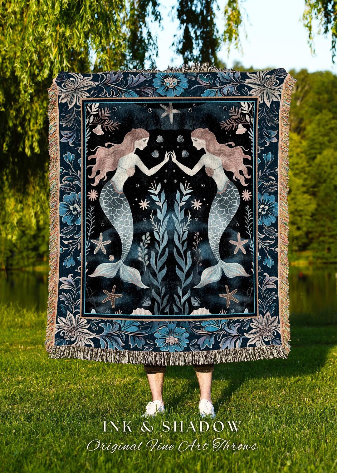 Mystical Midnight Blue Mermaid Blanket Floral Oceanic Tapestry Throw Art Nouveau Coastal ...