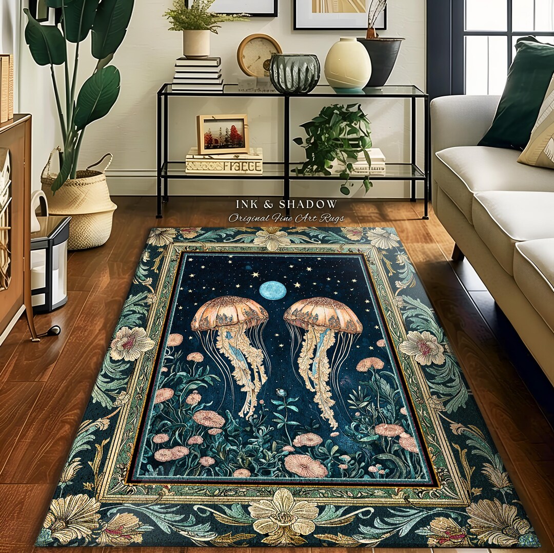 Enchanted Jellyfish Rug Midnight Blue Celestial Floral Coastal ...