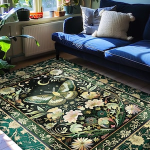 Dark Green Cottagecore Moth Rug Ethereal Botanical Fairycore Decor ...