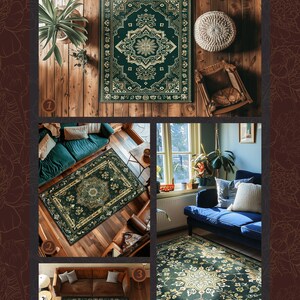 Deep Sea Green Room Accent Rug Classic Ornate Statement Rug With Blue ...