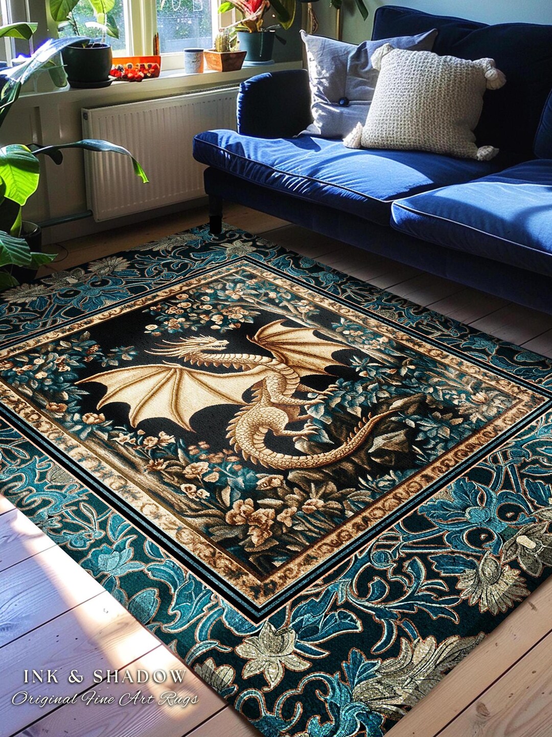 Magical Dragon Dark Floral Accent Rug | Mystical Witchy Bedroom Ornate ...