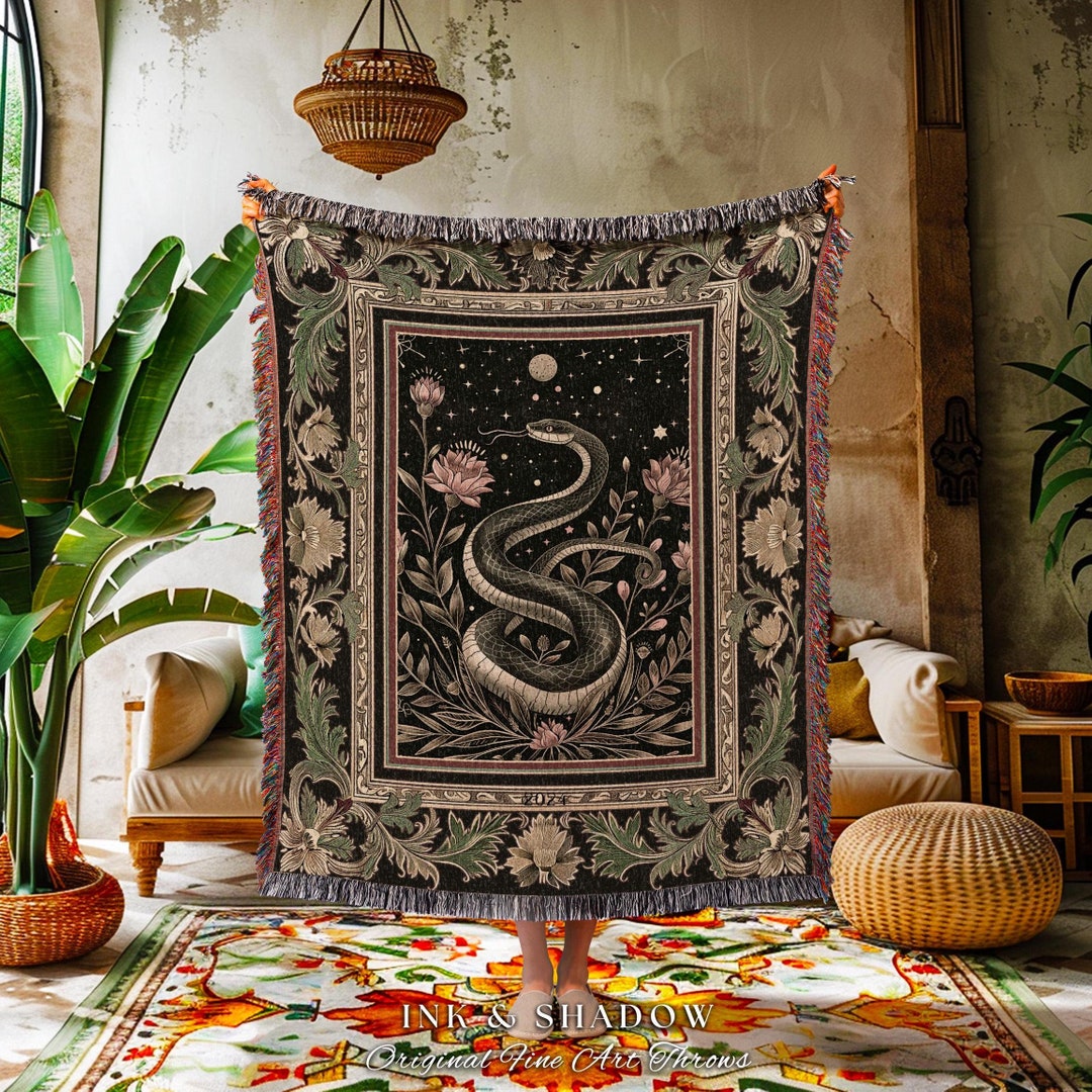 Celestial Serpent Woven Tapestry Throw Enchanted Floral Gothic Blanket ...