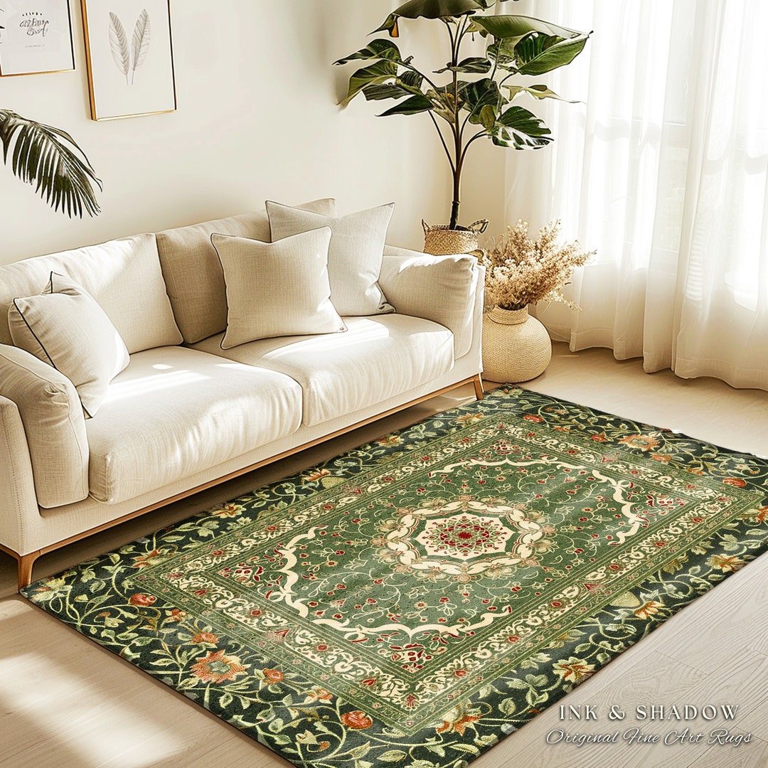 Boho Olive Green Floor Rug Classic Ornate Victorian Rug With Sage Green ...