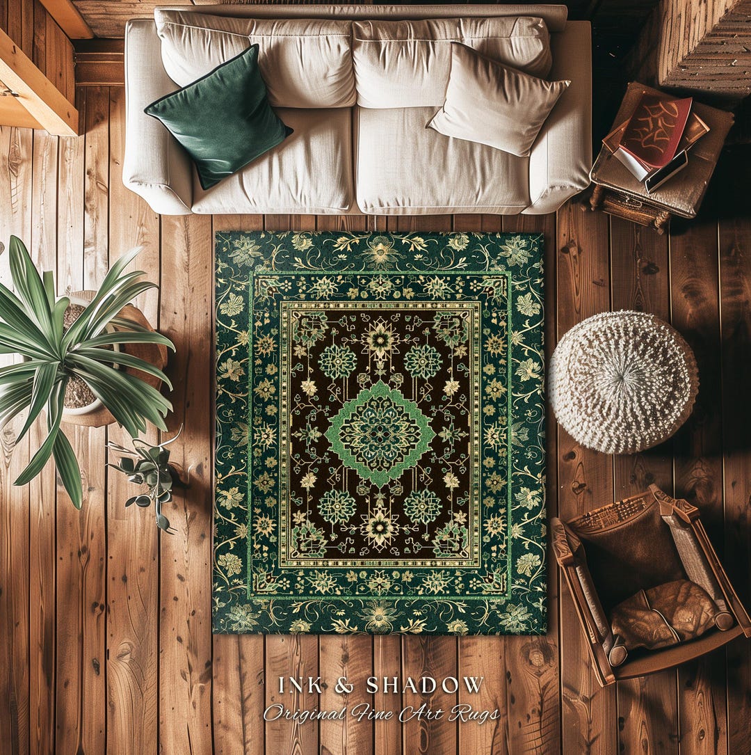 Dark Academia Emerald Statement Rug | Reading Nook Cozy Floor Rug ...