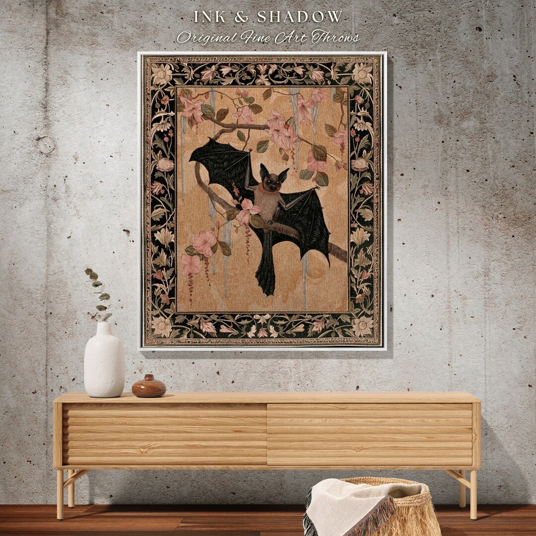 Crowcore Woven Bat Tapestry | Dark Floral Cottagecore Tapestry Crowcore ...