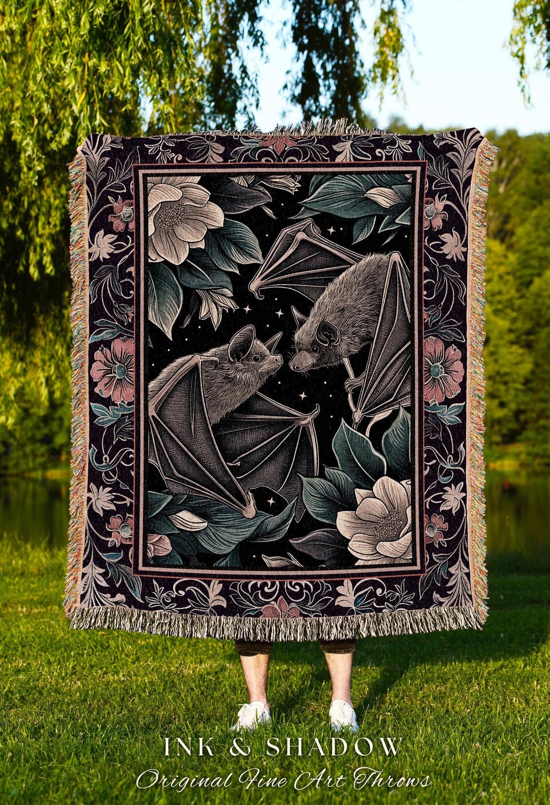 Gothic Woodland Dark Floral Bat Blanket Whimsigoth Decor | Macabre ...