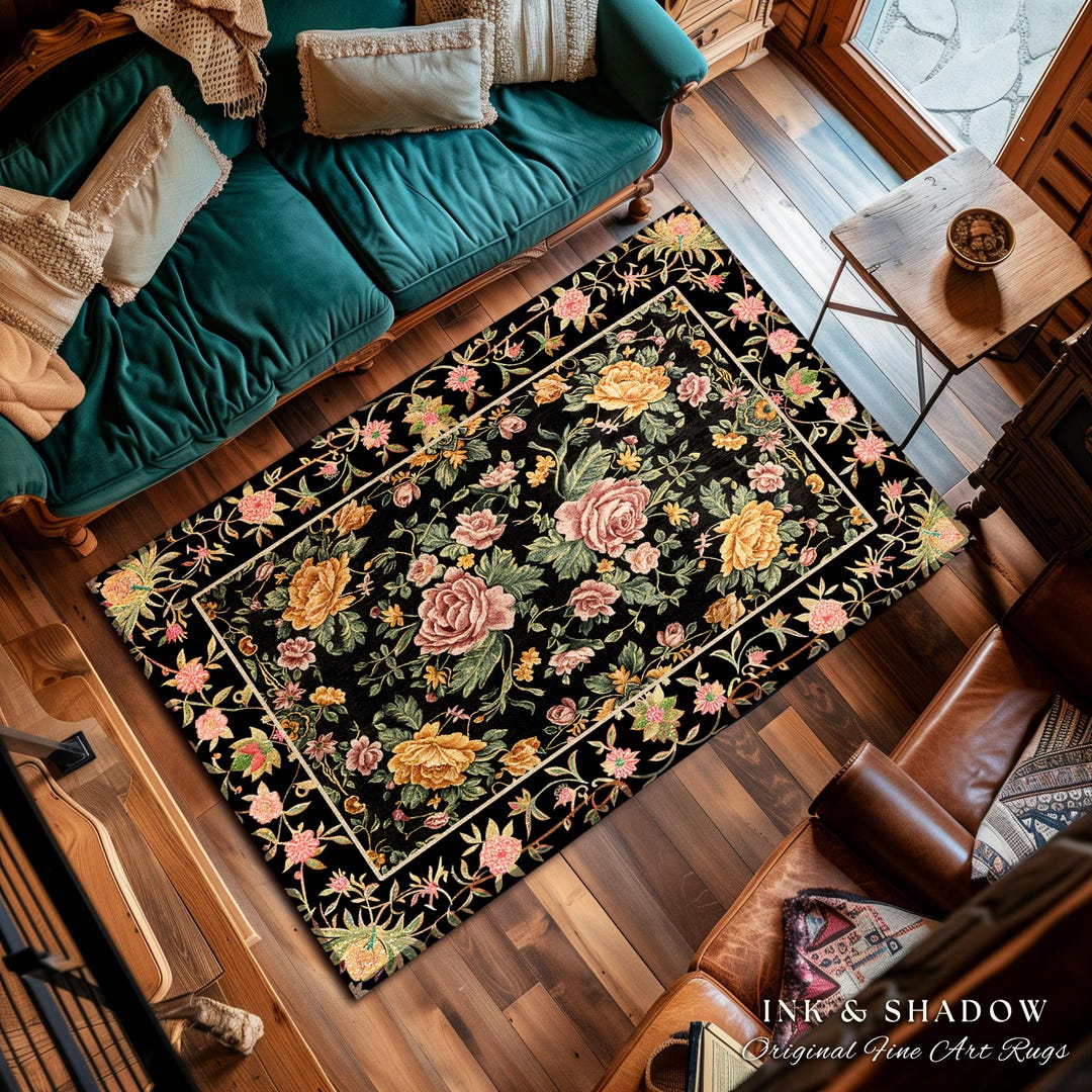 Victorian Roses Floral Accent Rug | Dark Floral Aesthetic Living Room ...