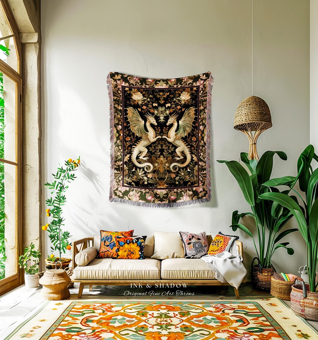 Ornate Antique Gold Folklore Aesthetic Baroque Dragon Tapestry Throw ...