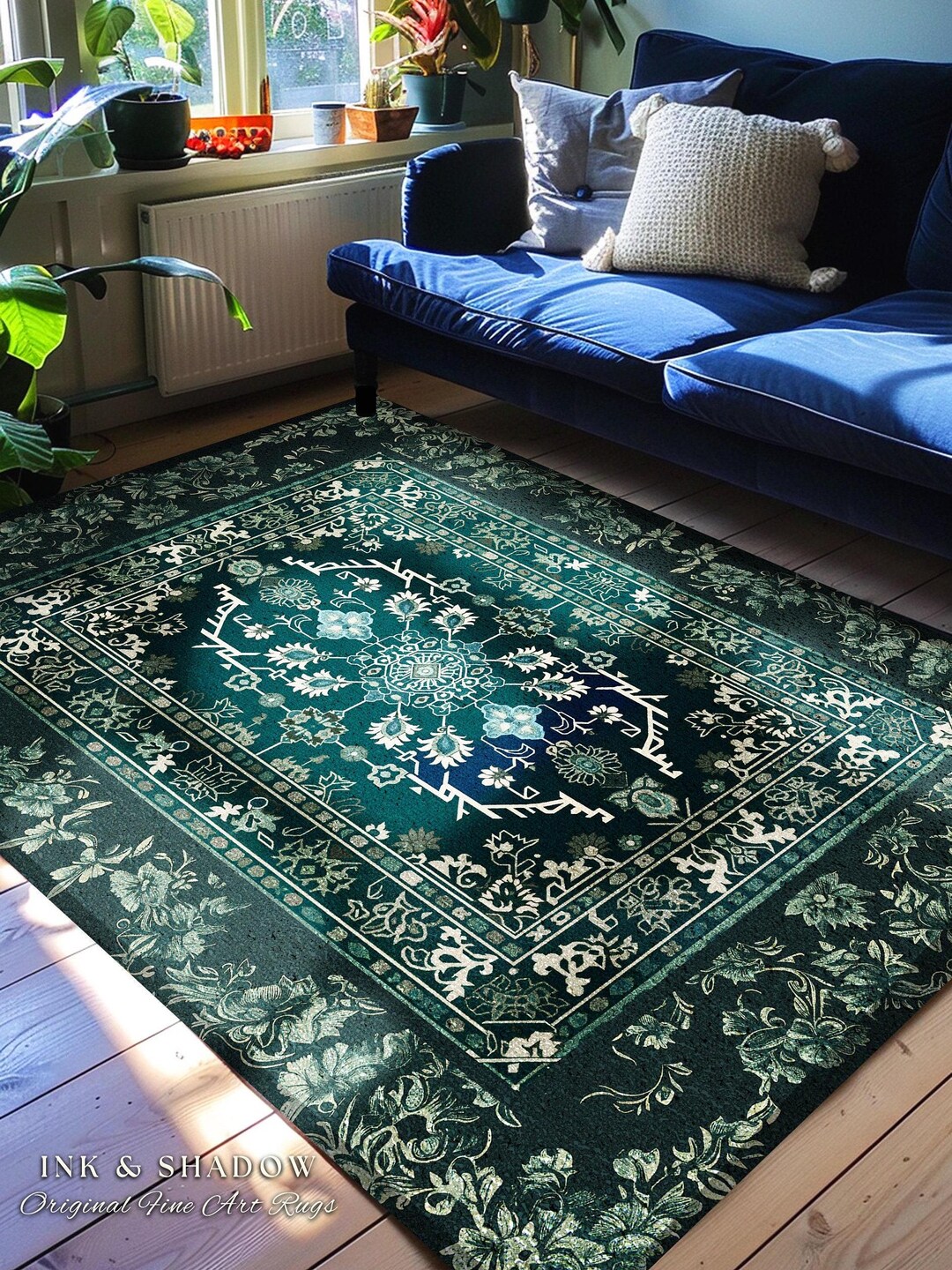 Deep Sea Green Room Accent Rug | Classic Ornate Statement Rug With Blue ...