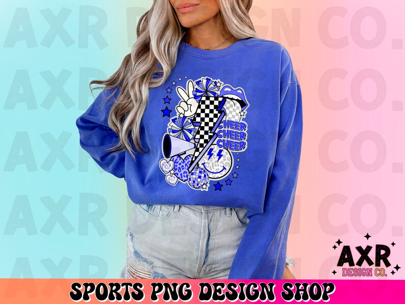 Retro Cheer Collage Png, Cheerleading Sublimation Design, Blue Cheer ...