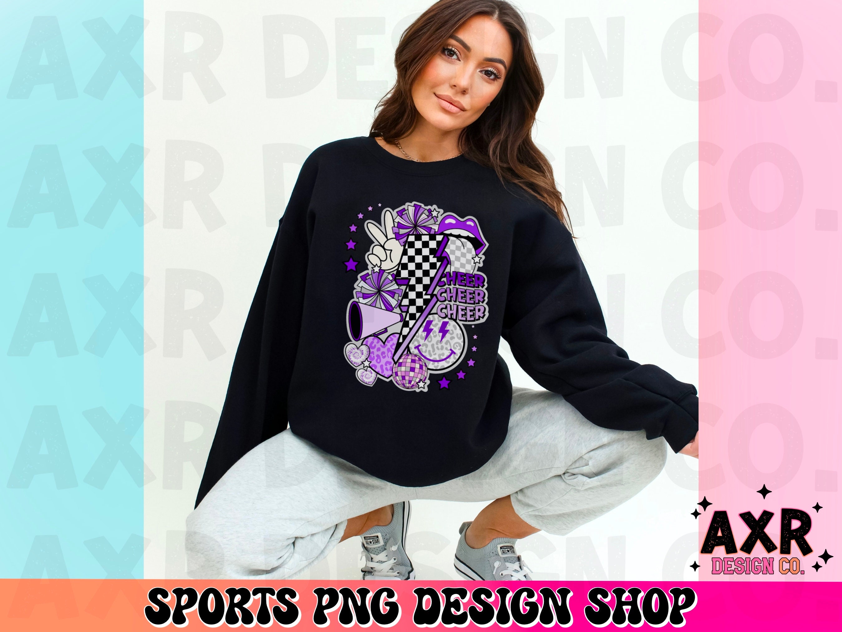 Retro Cheer Collage Png, Cheerleading Sublimation Design, Purple Cheer ...