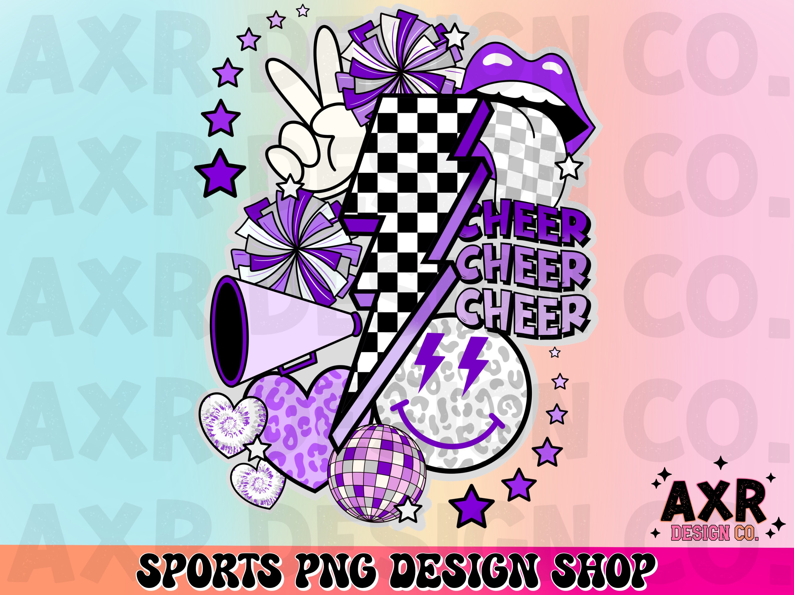 Retro Cheer Collage Png, Cheerleading Sublimation Design, Purple Cheer ...