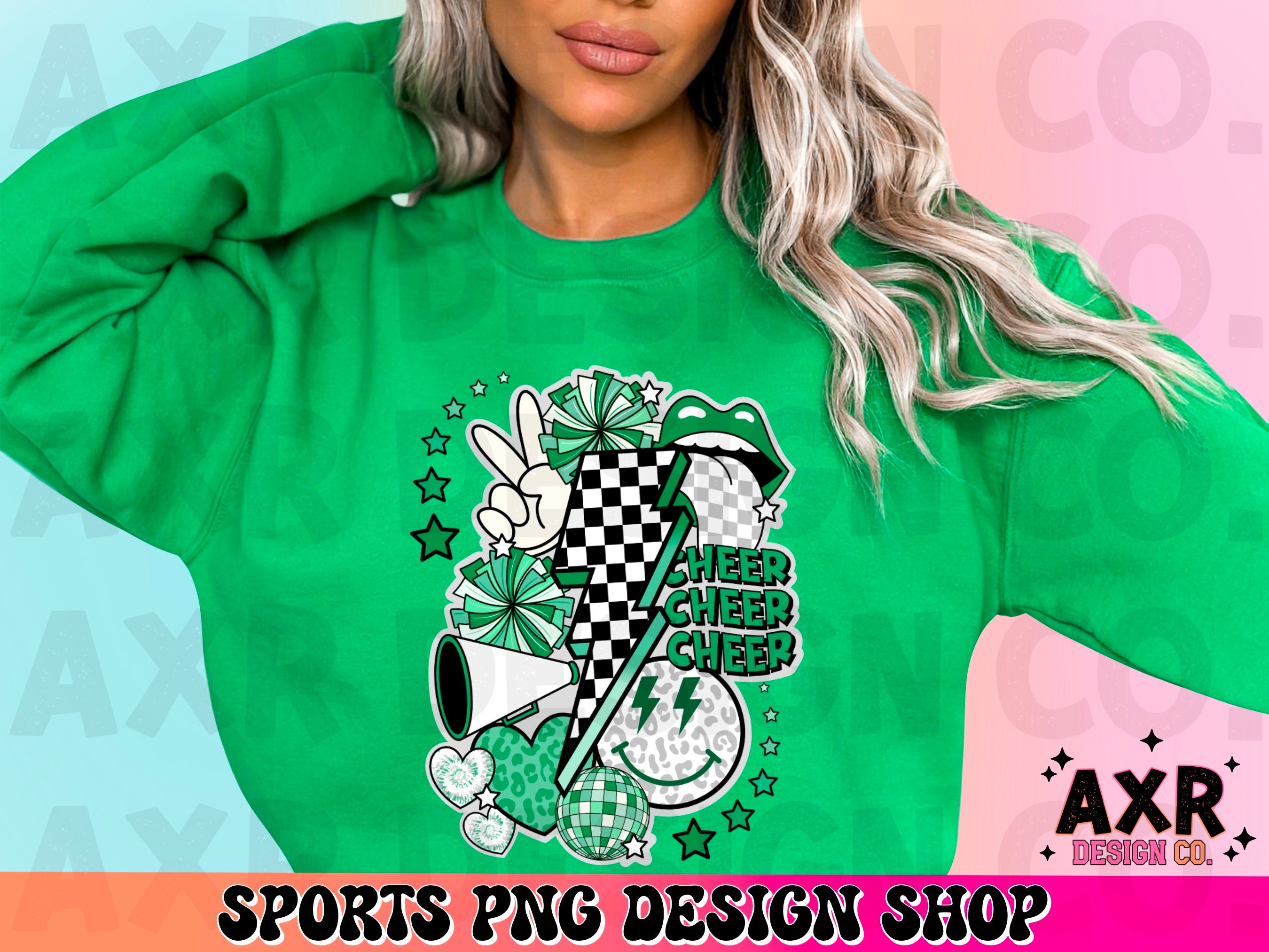 Retro Cheer Collage Png, Cheerleading Sublimation Design, Green Cheer ...