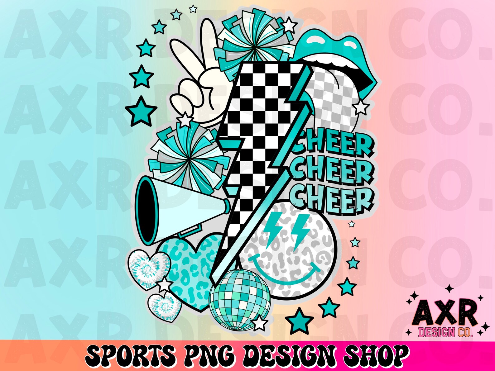 Retro Cheer Collage Png, Cheerleading Sublimation Design, Aqua Teal ...