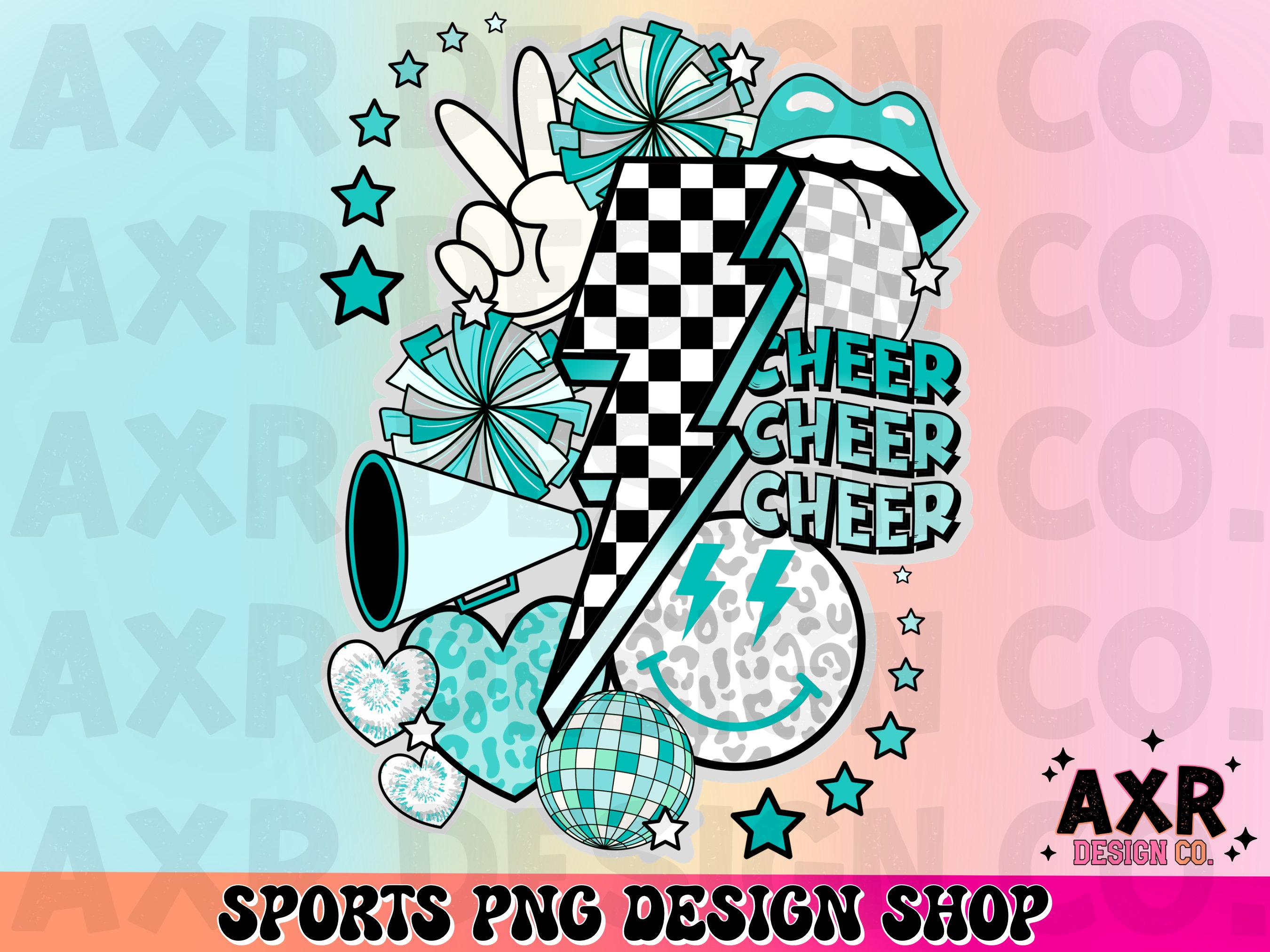 Retro Cheer Collage Png, Cheerleading Sublimation Design, Aqua Teal ...