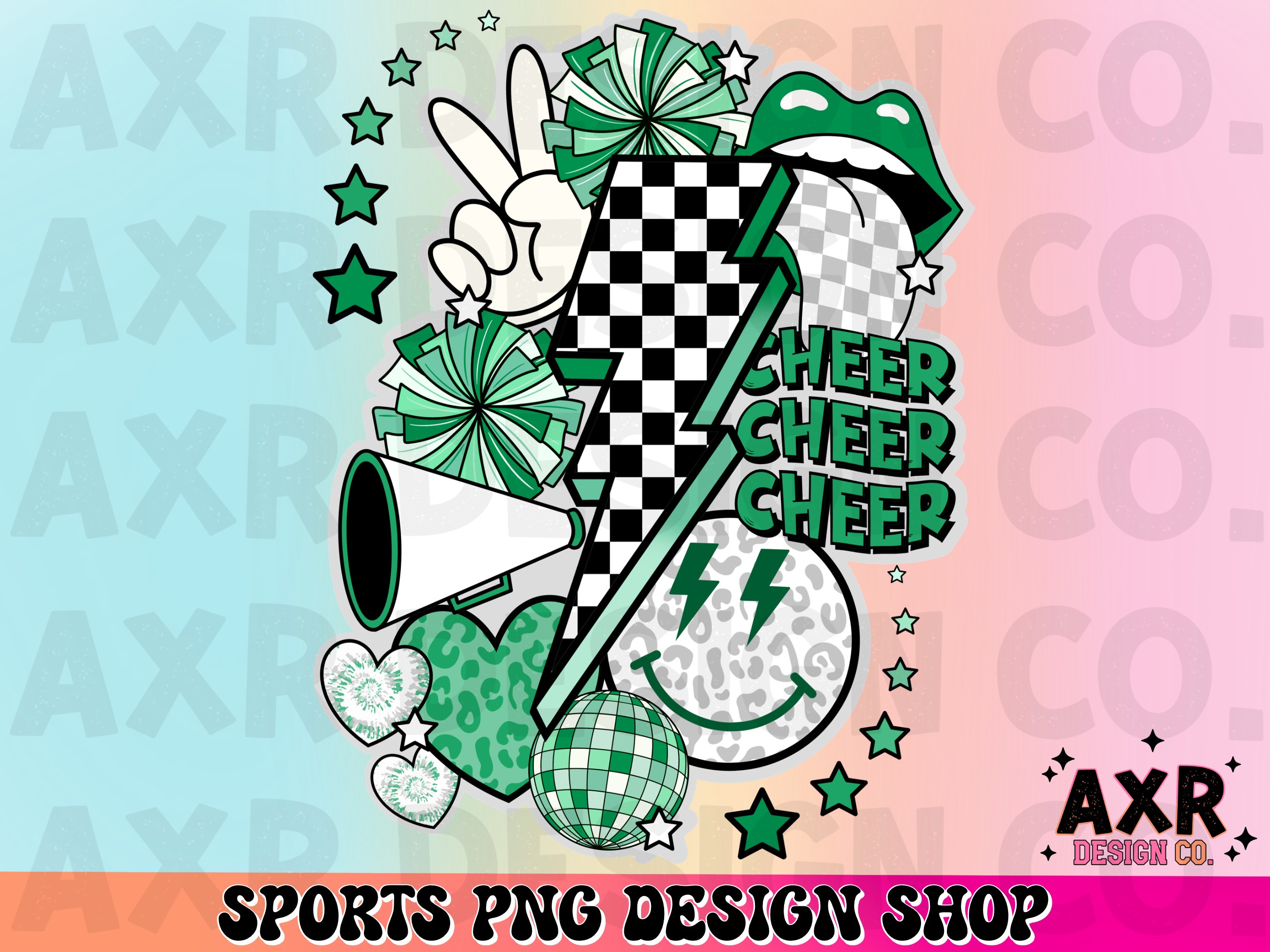 Retro Cheer Collage Png, Cheerleading Sublimation Design, Green Cheer ...