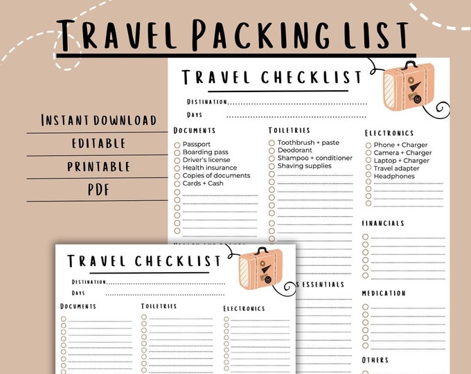 Travel Packing List – Printable and Editable Travel Checklist ...
