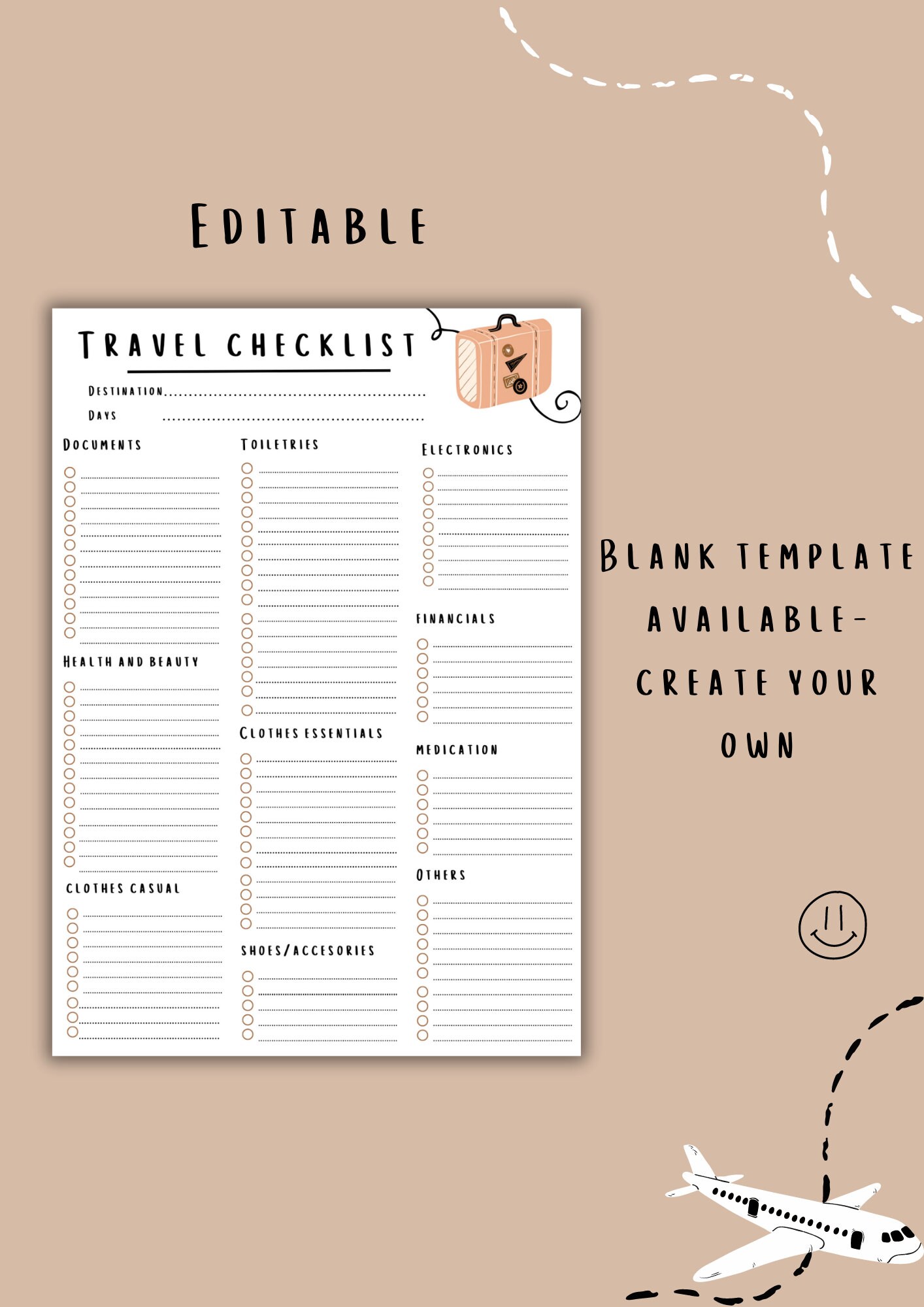 Editable Travel Packing List, Printable Vacation Planner (PDF) - Etsy