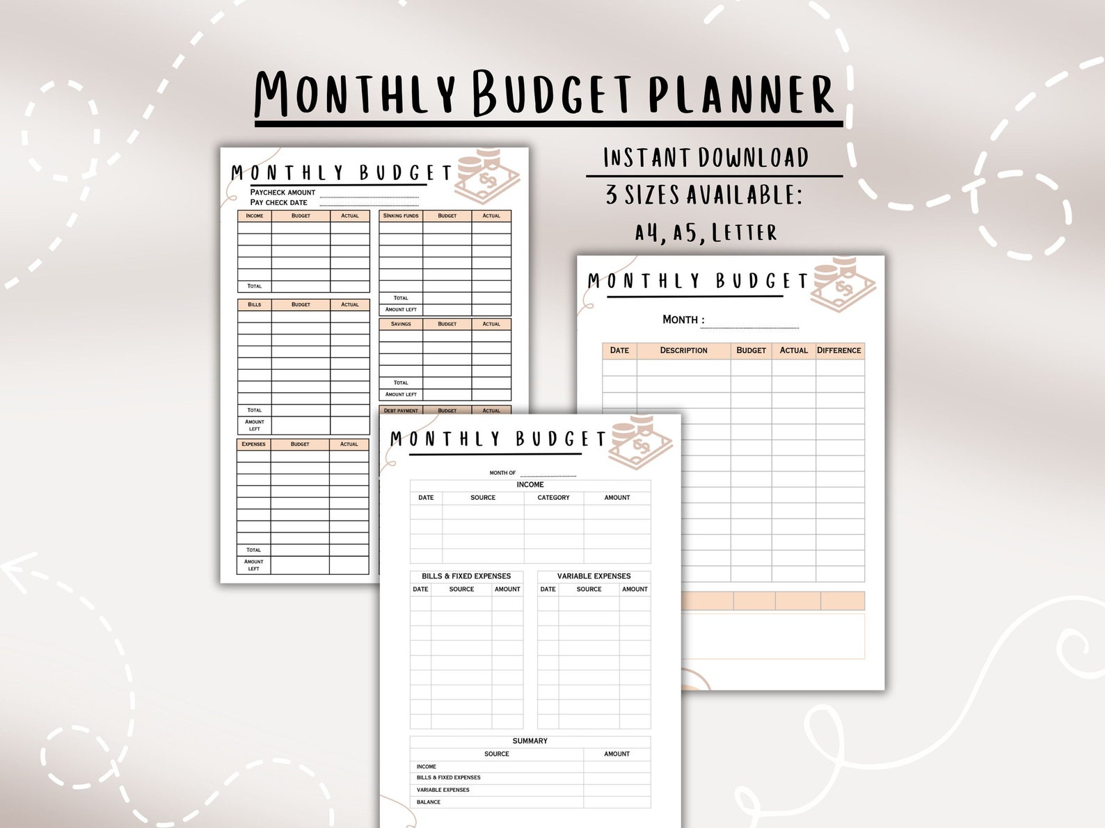 3 Monthly Budget Planner Printable Monthly Bills Tracker Pay Check ...