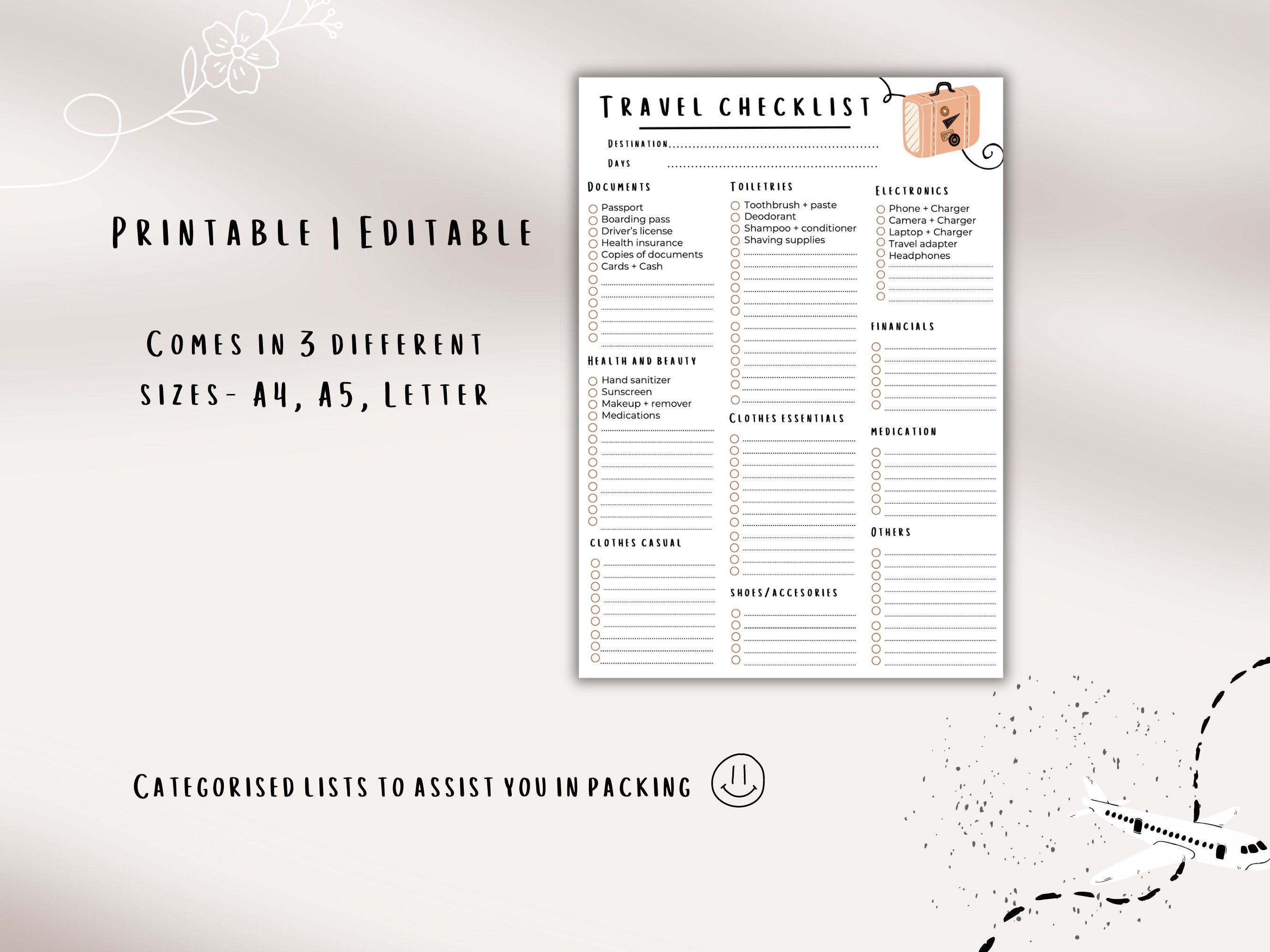 Editable Travel Packing List & Checklist (printable PDF) - Etsy