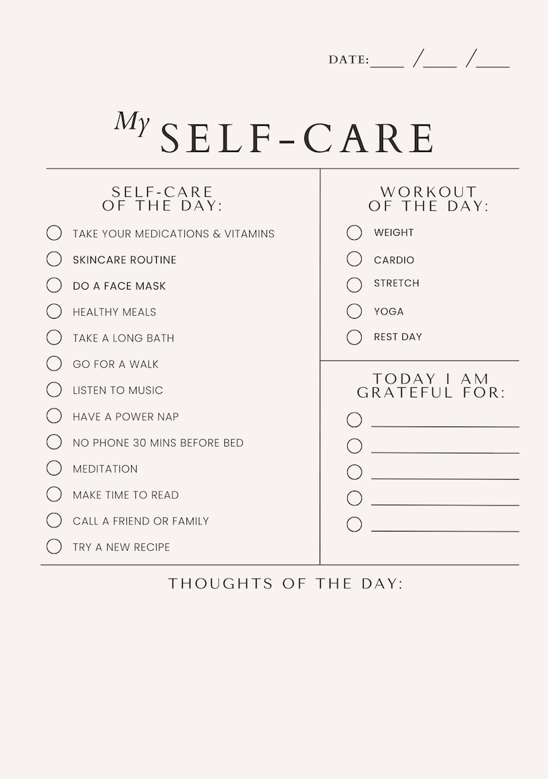Simple Self-care Sheet, Printable Self-care Checklist - Etsy