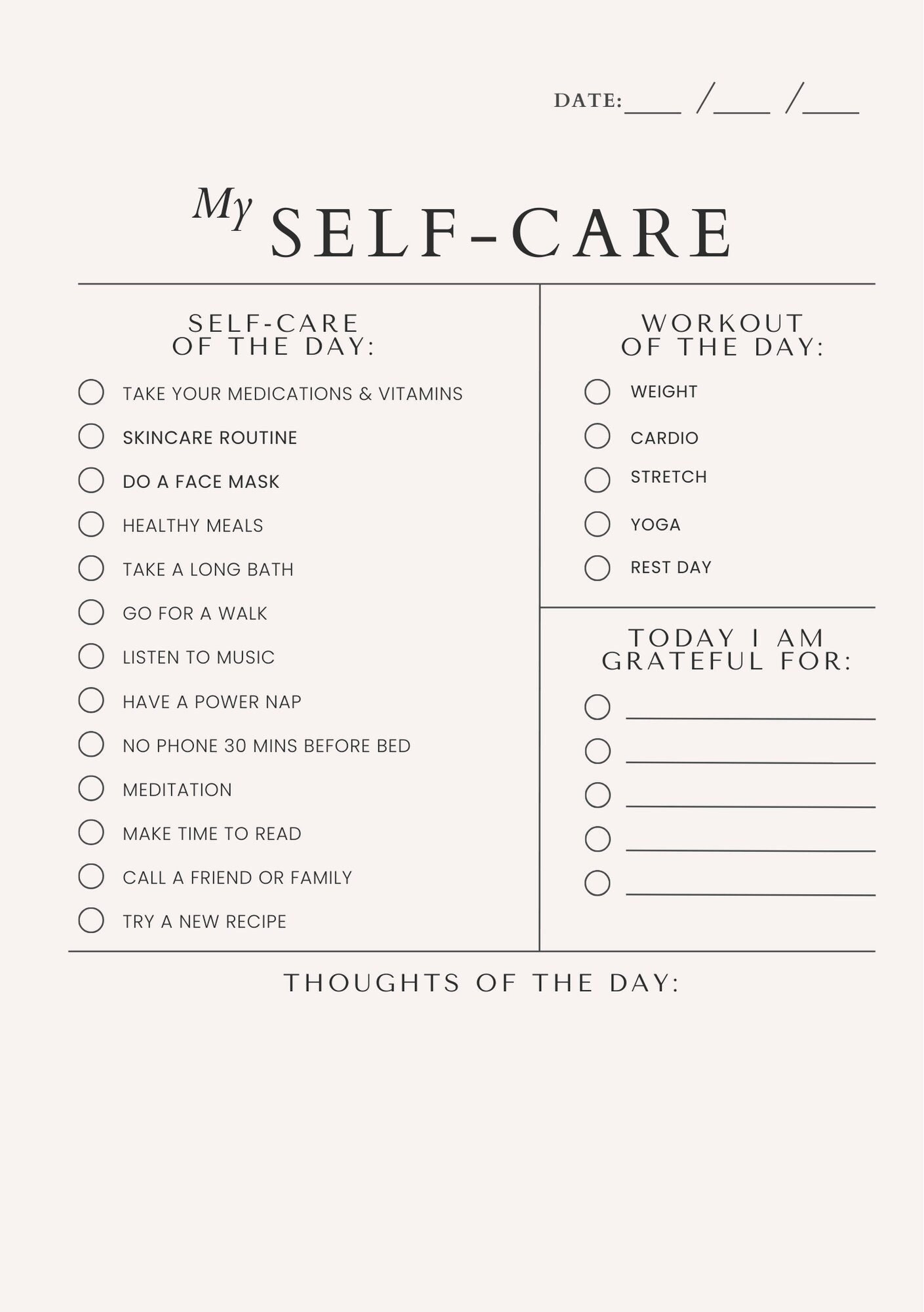 Simple Self-care Sheet, Printable Self-care Checklist - Etsy