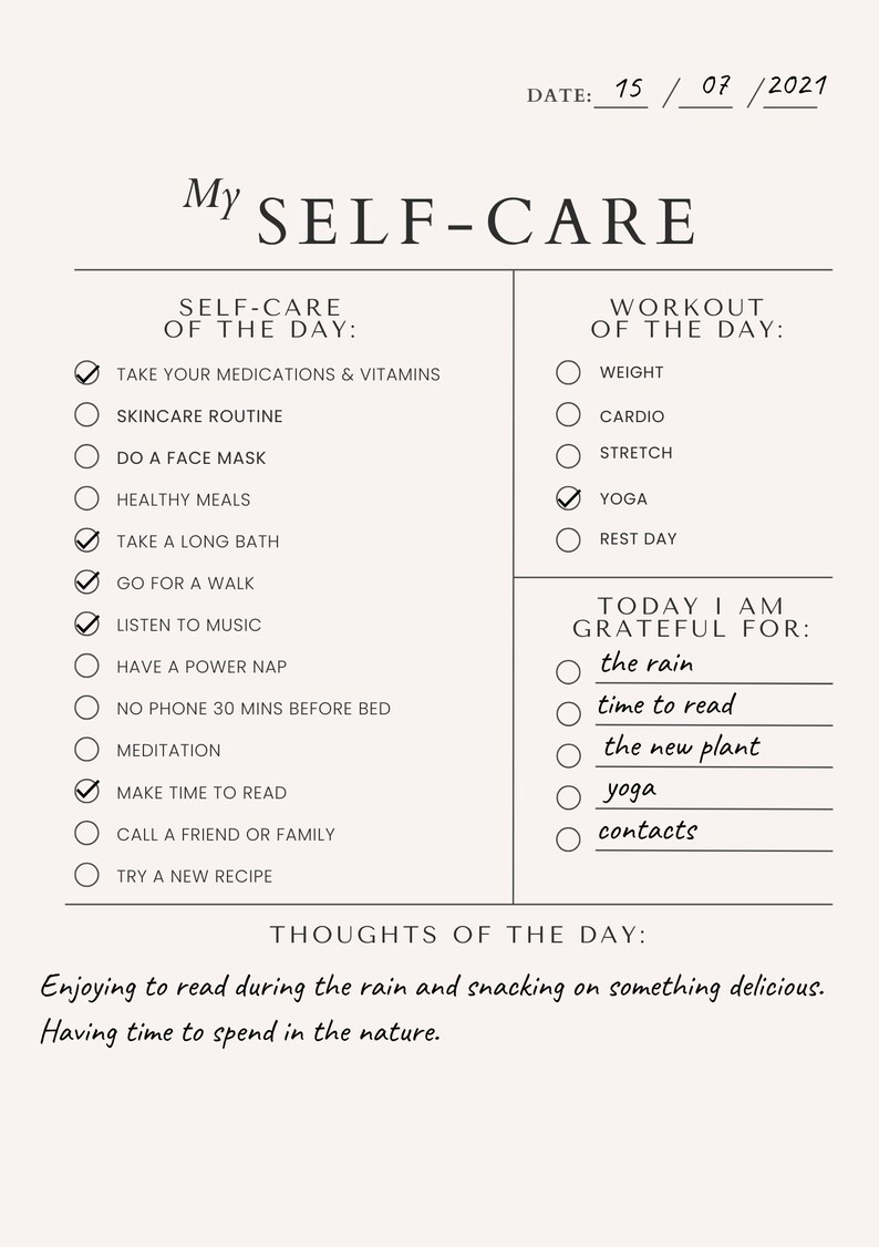 Simple Self-care Sheet, Printable Self-care Checklist - Etsy