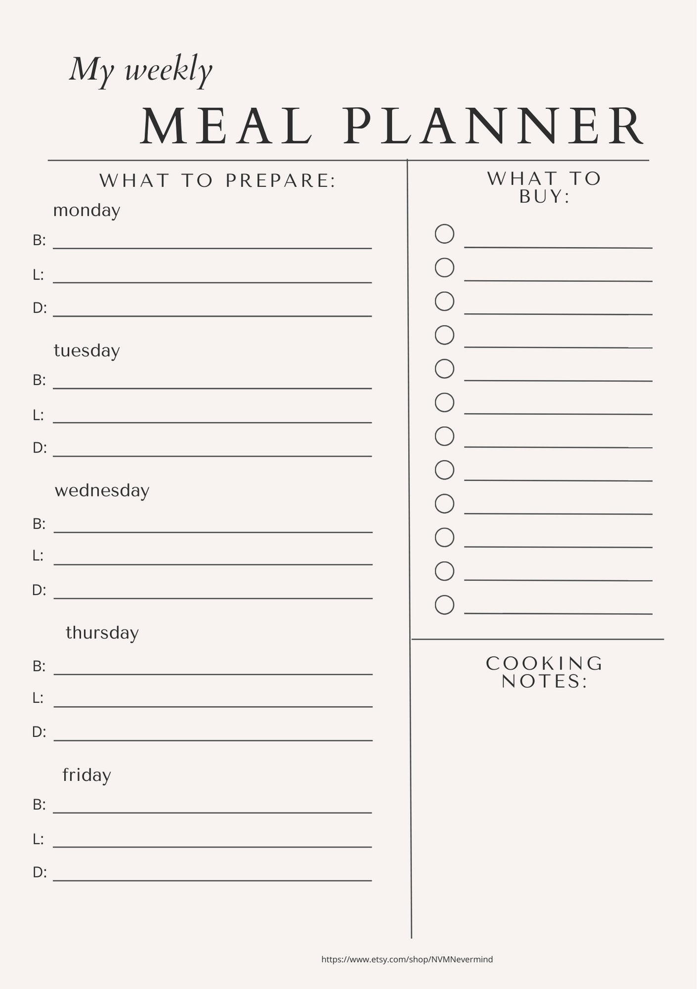 Simple Weekly Meal Planner, Printable Meal Planner - Etsy