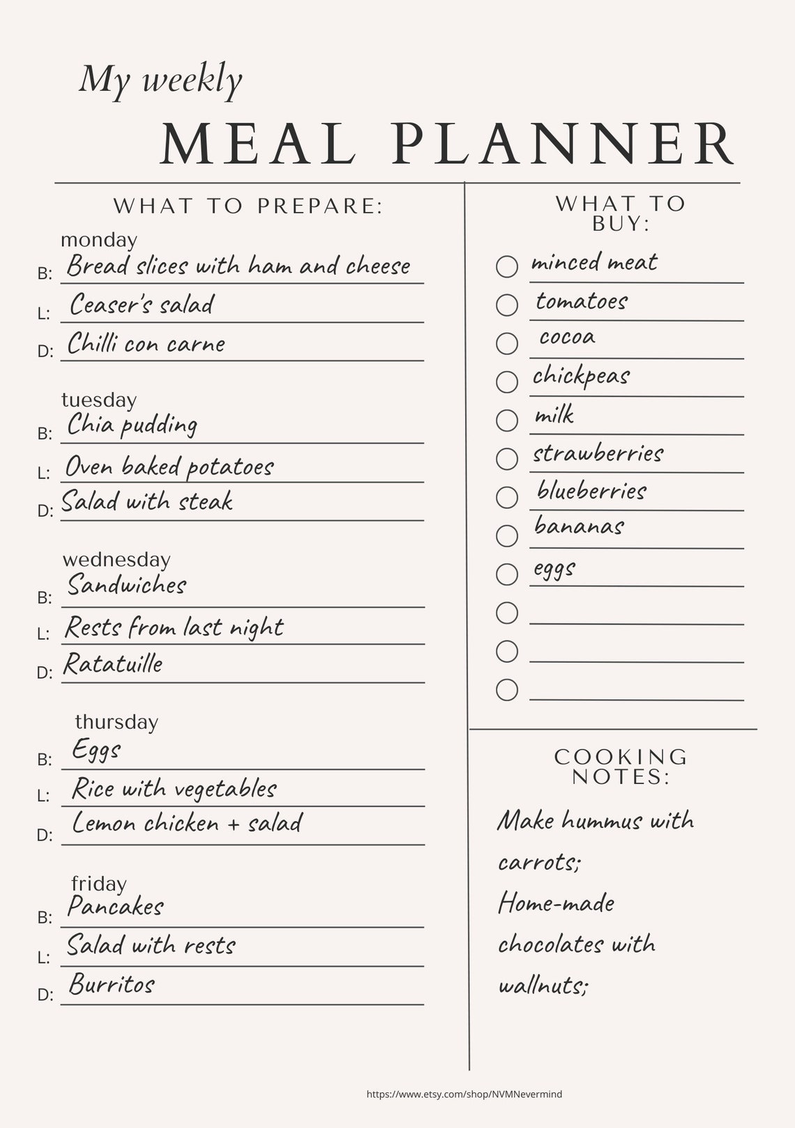 Simple Weekly Meal Planner, Printable Meal Planner - Etsy