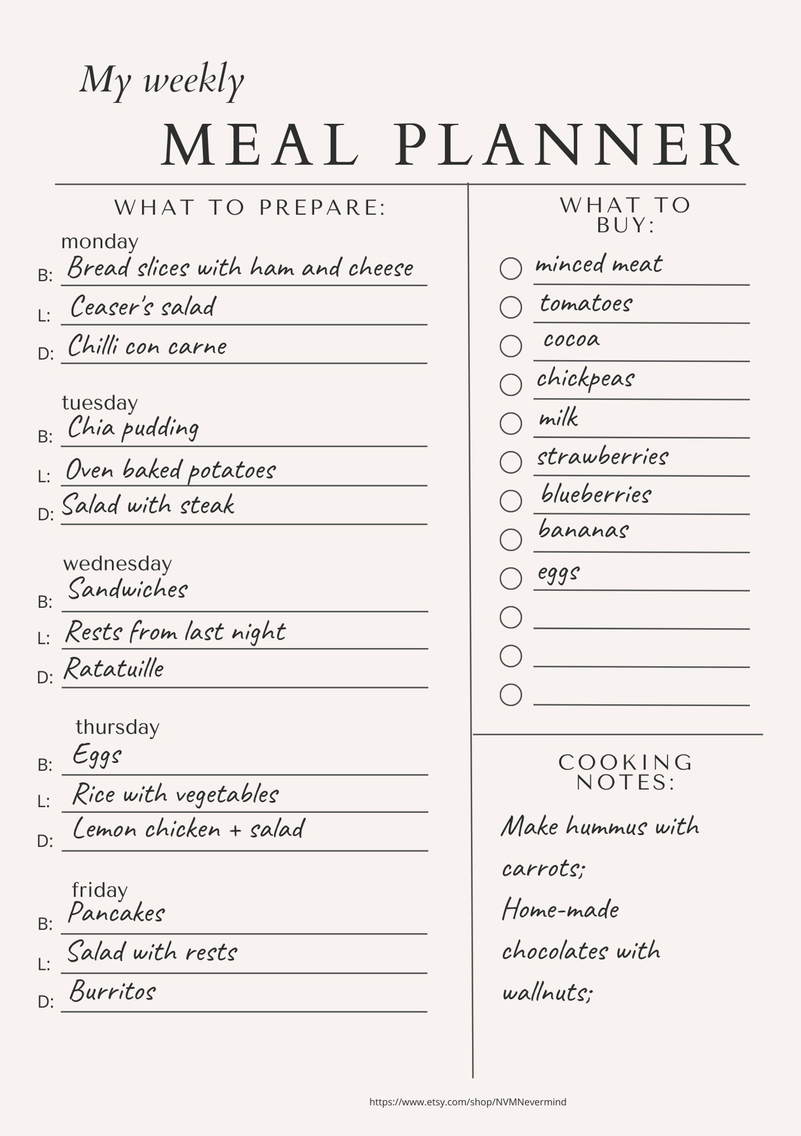 Simple Weekly Meal Planner, Printable Meal Planner - Etsy