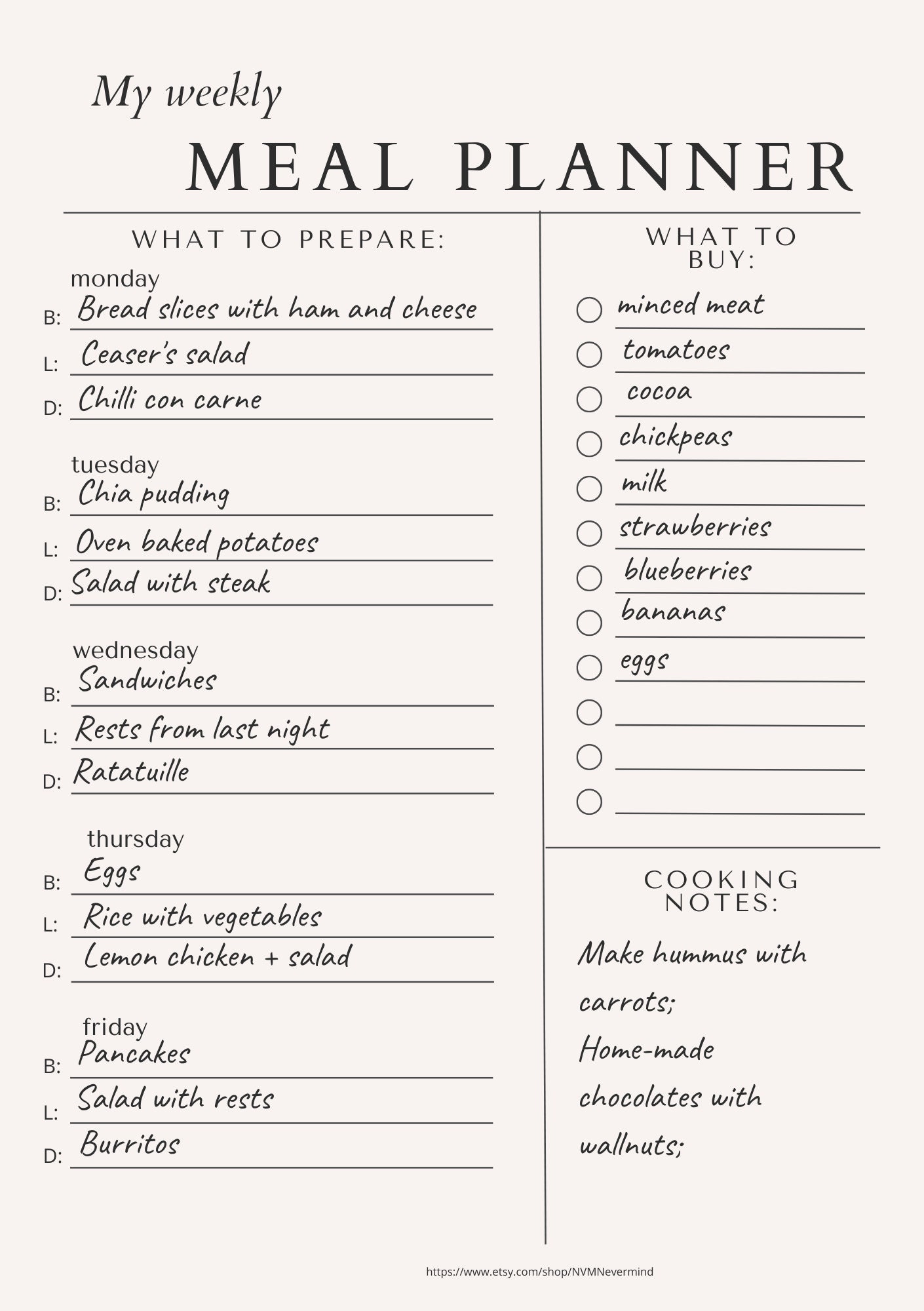 Simple Weekly Meal Planner, Printable Meal Planner - Etsy