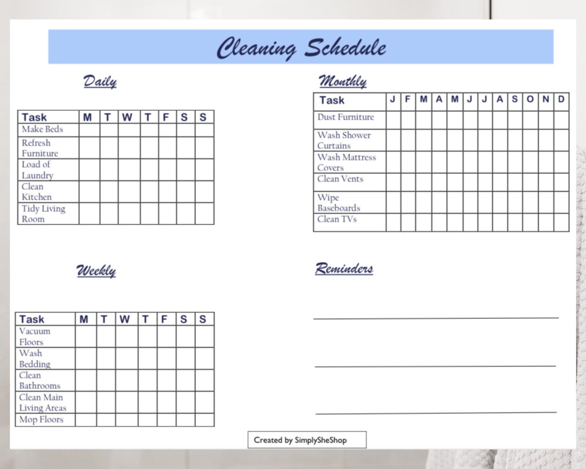 Digital and Printable Cleaning Chart, Use for Daily Cleaning, Household ...